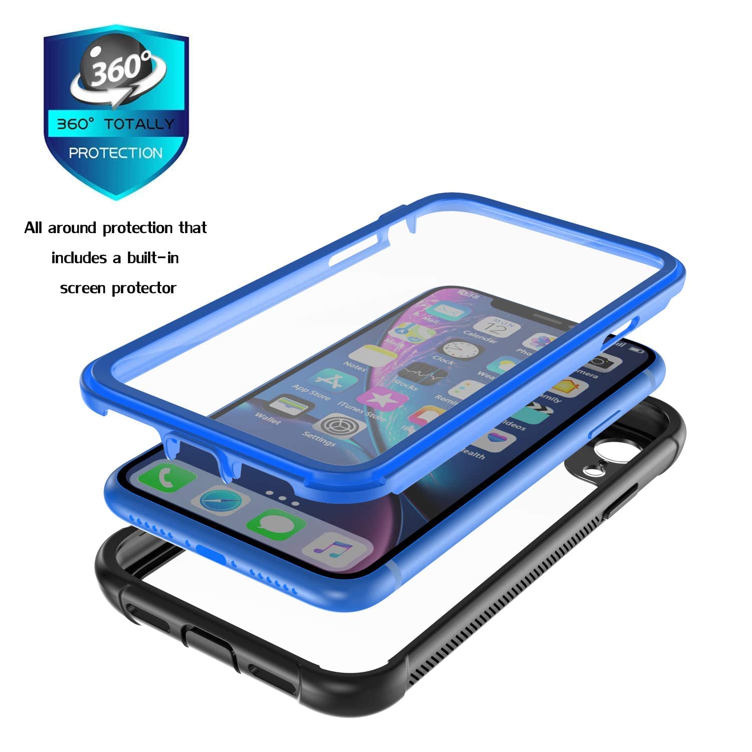 ImpactStrong Clear Case for iPhone XR, Ultra Protective with Built-in Clear Screen Protector Transparent Full Body Cover (Blue)