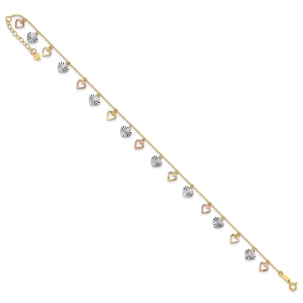 IceCarats 14K Tri Color Gold Heart Love 9 inch Anklet Summer Beach Foot Ankle Bracelet