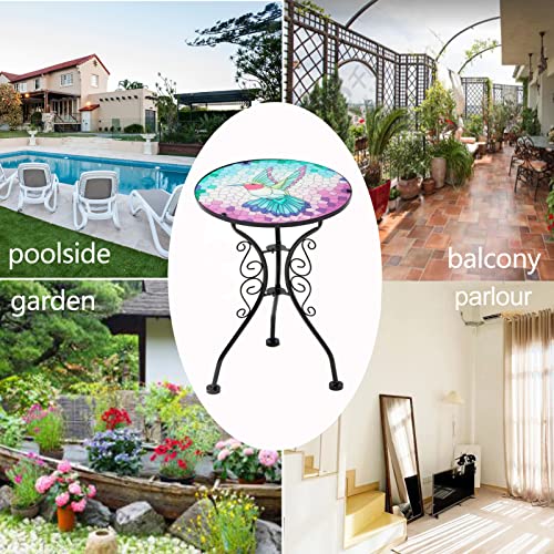 Outdoor Patio Side Table, 21" Round End Table with 14" Hummingbird Pattern Glass Top, Small Accent Table Bistro Coffee for Living Room Porch Balcony Garden Yard