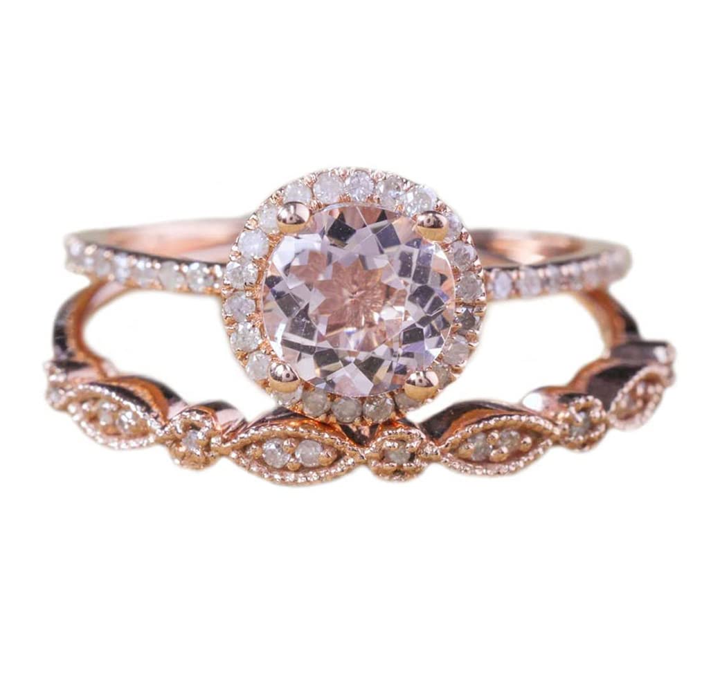 KUYIUIF 2PCS Rings 18K Rose Gold Morganite& White Topaz Ring Set Women Wedding Bridal (7)