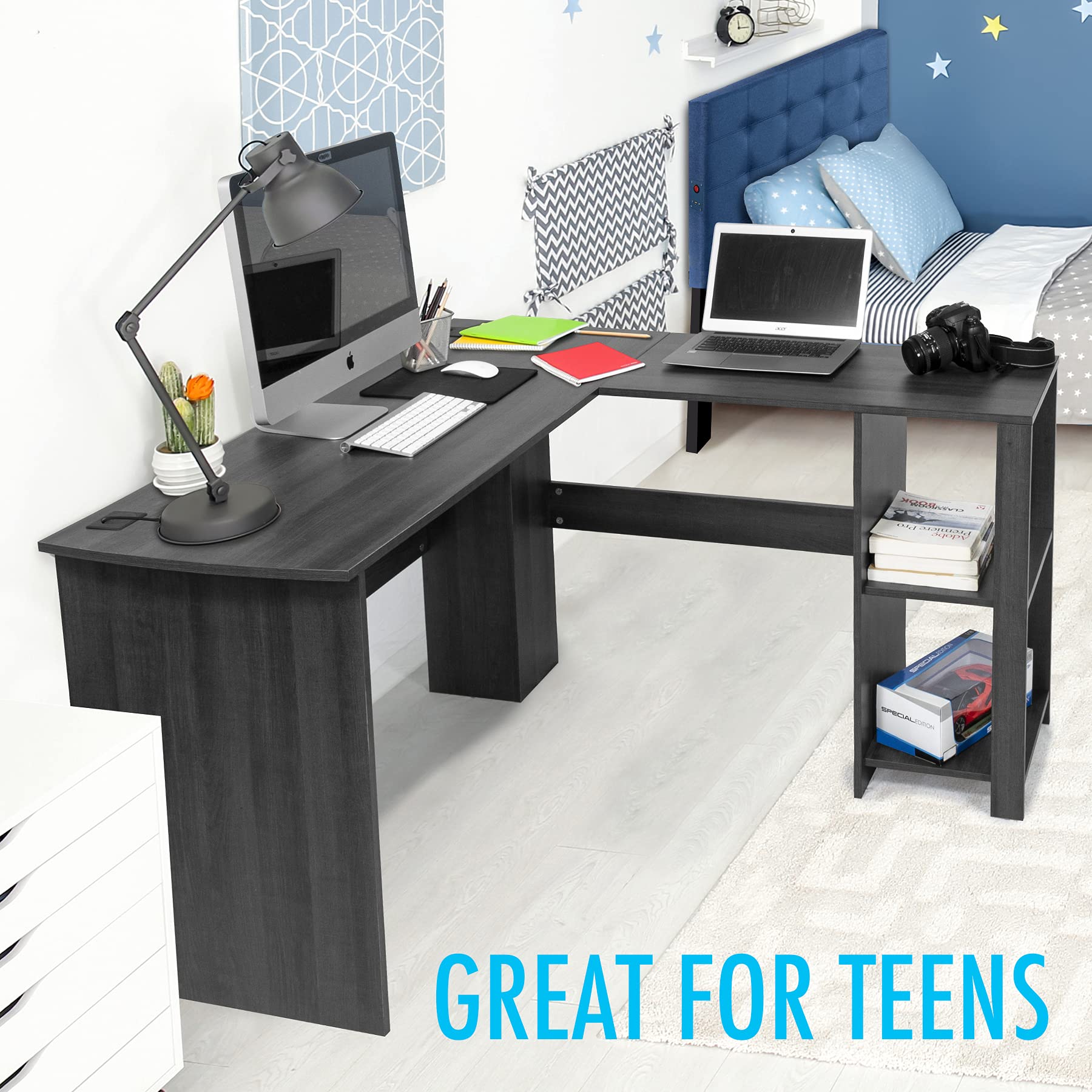 JAHRSTIM Aiden L Shaped Home Office Desk with Shelves, 51 inch Small Wooden Computer Cornor Desk for Small Space Study Writing Workstation, Dark Grey