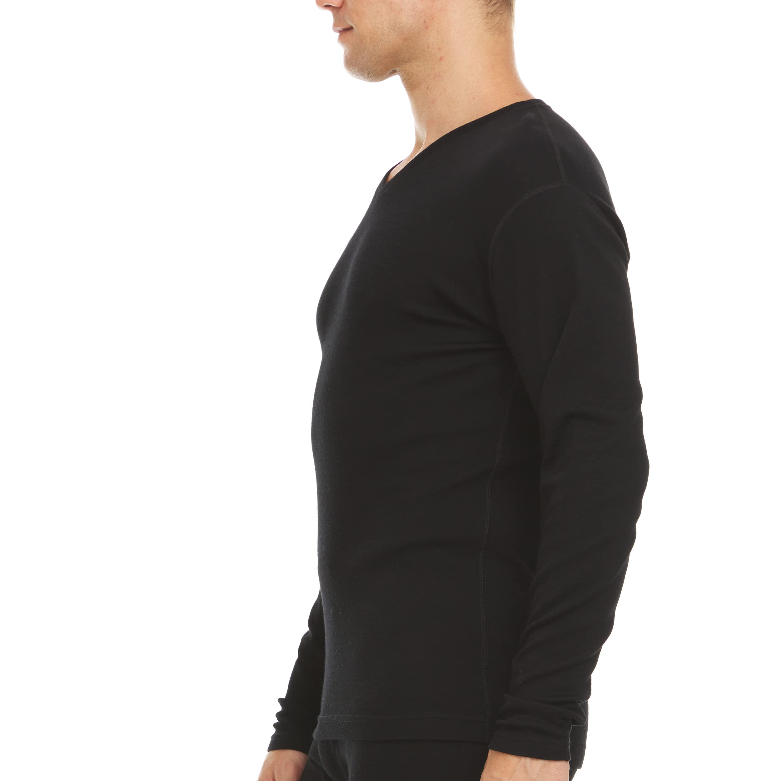 Men's Long Sleeve V-Neck - 100% Merino Wool Base Layer - Casual Shirt - Under Layer - Midlayer - Black - Medium
