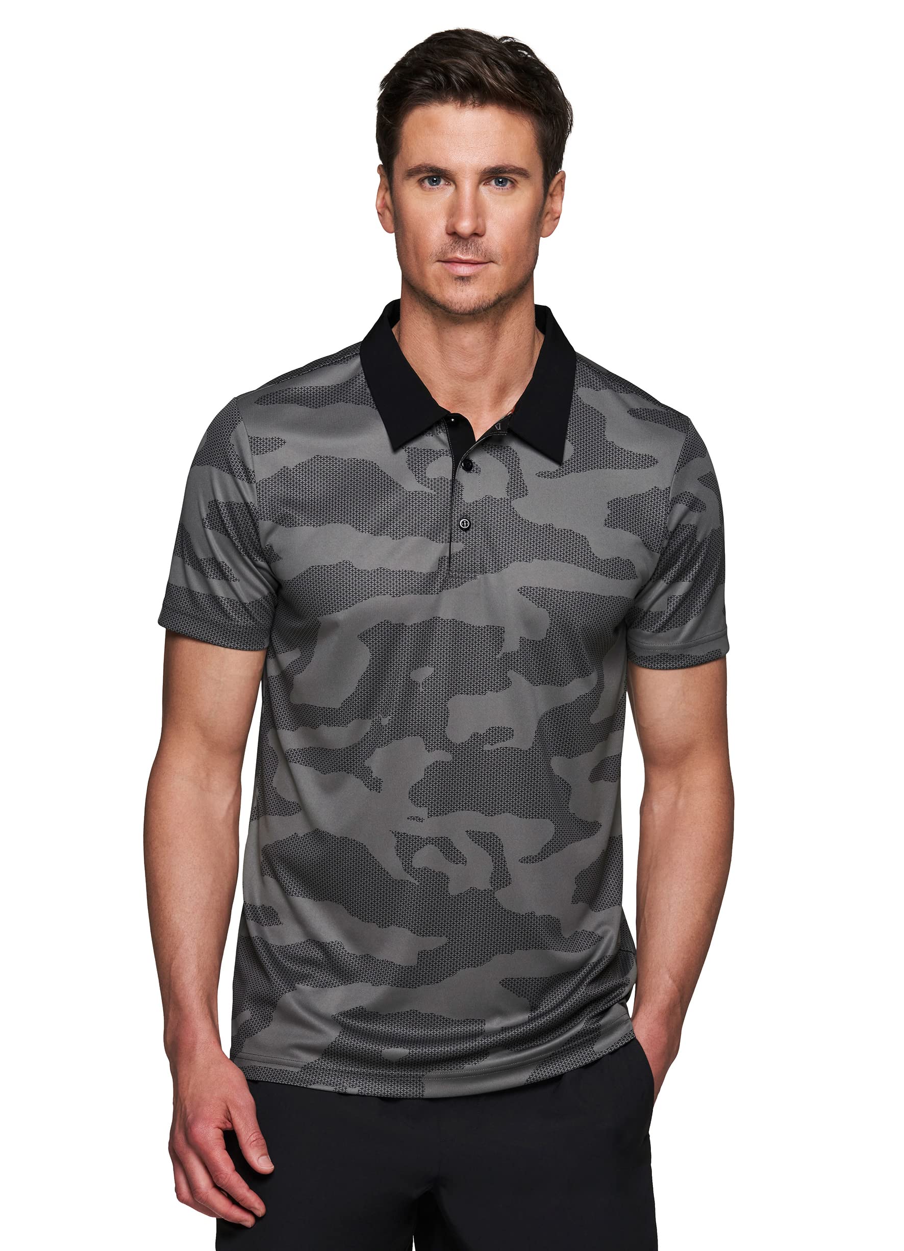RBX Active Men's Golf Shirt Collared Short Sleeve Quick Dry T-Shirt Grid Camo Grey L