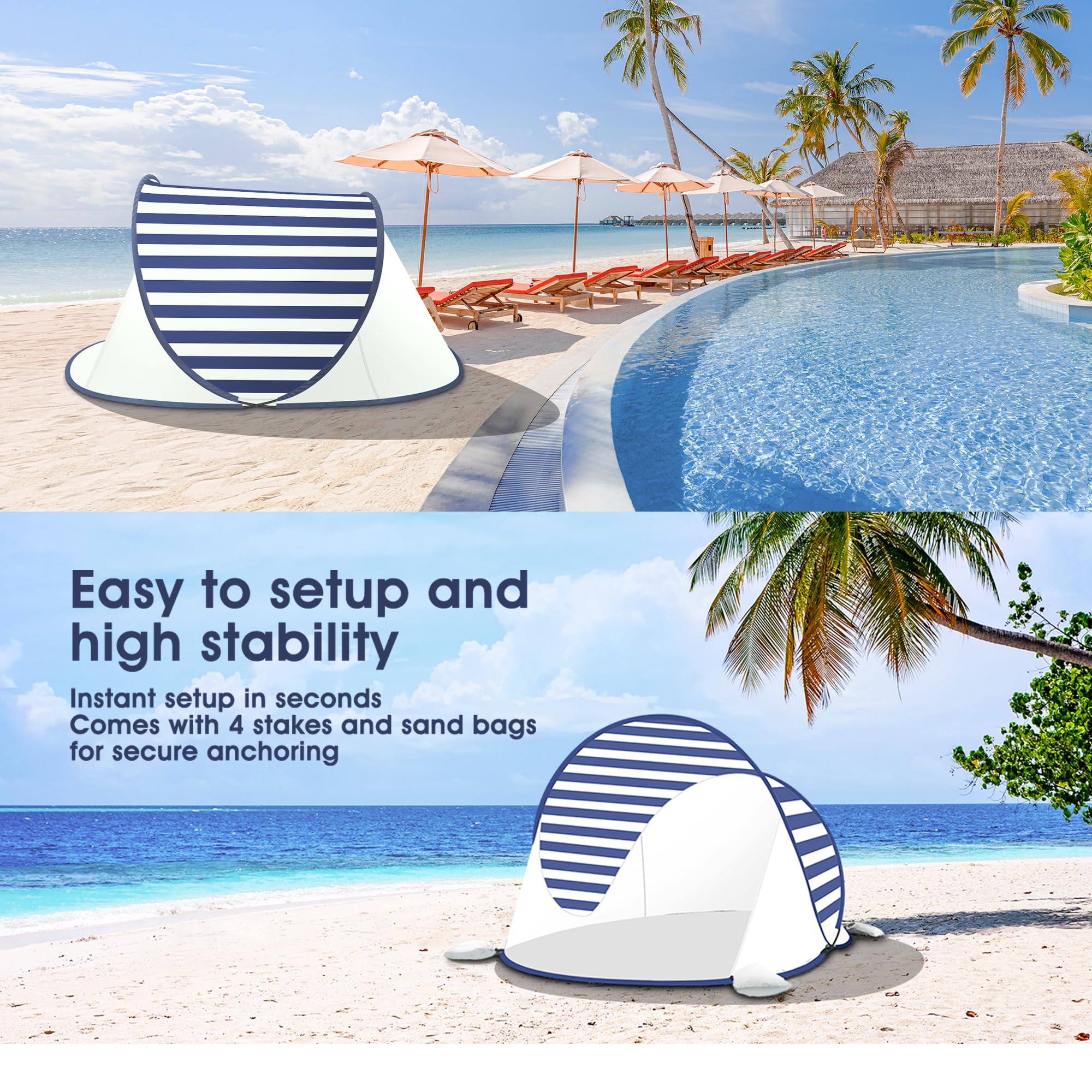 ISILER Pop Up Beach Tent, Portable Outdoor Beach Shade Tent, UPF 50+ Baby Beach Shelter, Easy Setup Windproof Waterproof Beach Canopy