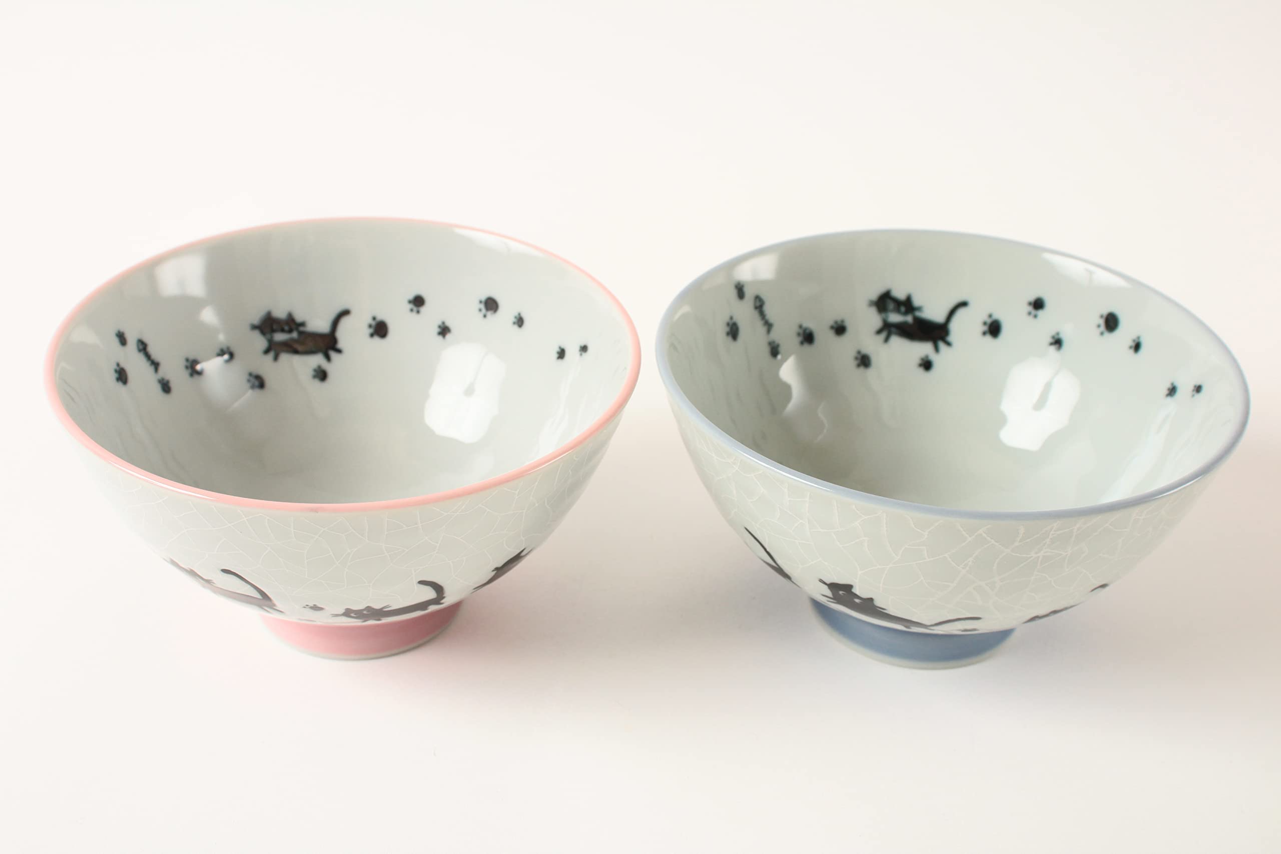 Mino ware Japanese Pottery Pair Rice Bowl Black Cats & Foot Prints Blue & Pink made in Japan (Japan Import) MIG005