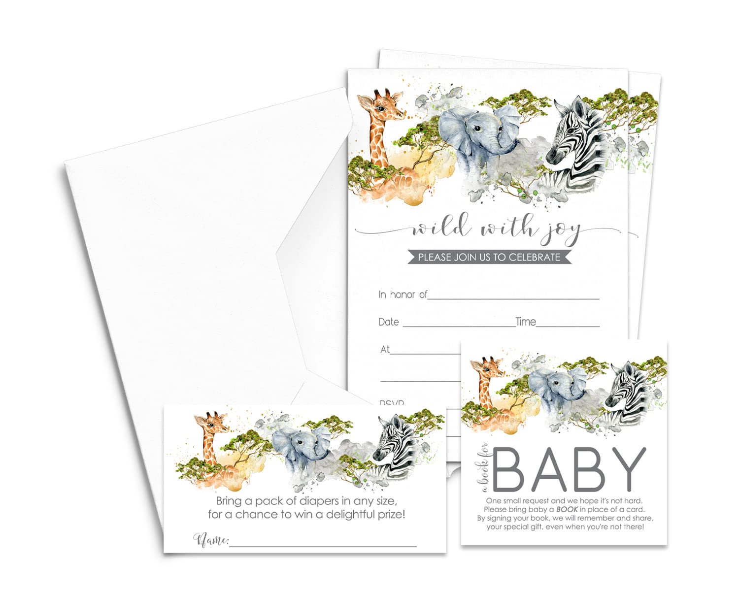 Jungle Baby Shower Invitation Bundle (25 Guests) Pack Includes Blank Invites with Envelopes for Boys or Girls, Diaper Raffle Insert and Bring a Book Cards Set – Royal Safari Theme Gender Reveal