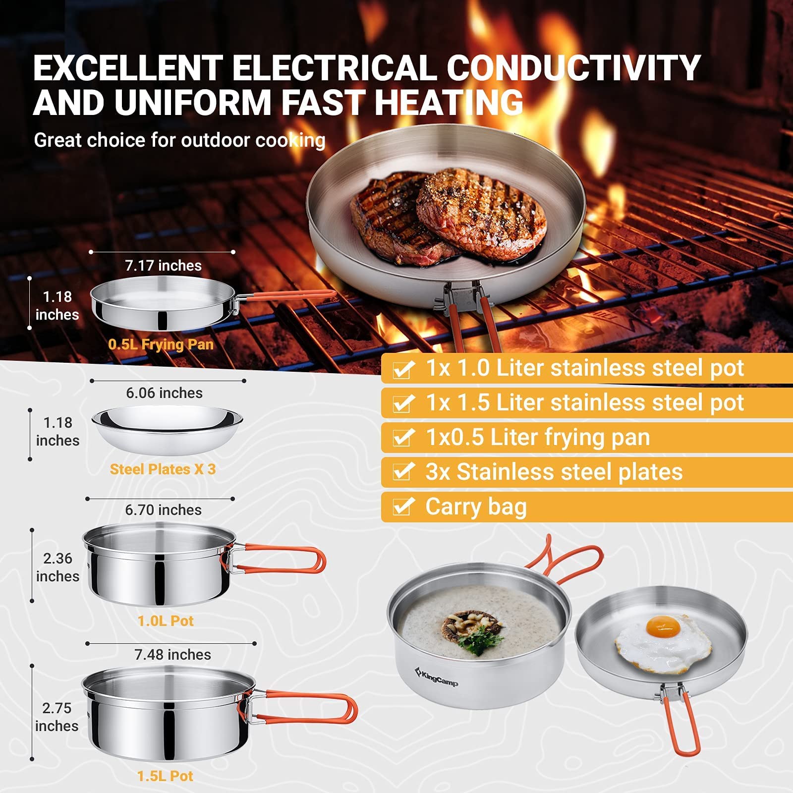 KingCamp 17 PCS Stainless Steel Camping Cookware Mess Kit Lightweight Compact Backpacking Cooking Set for Outdoor Picnic Hiking includes Pot Pan Bowls Plates Knife Spoon Fork 2 Persons