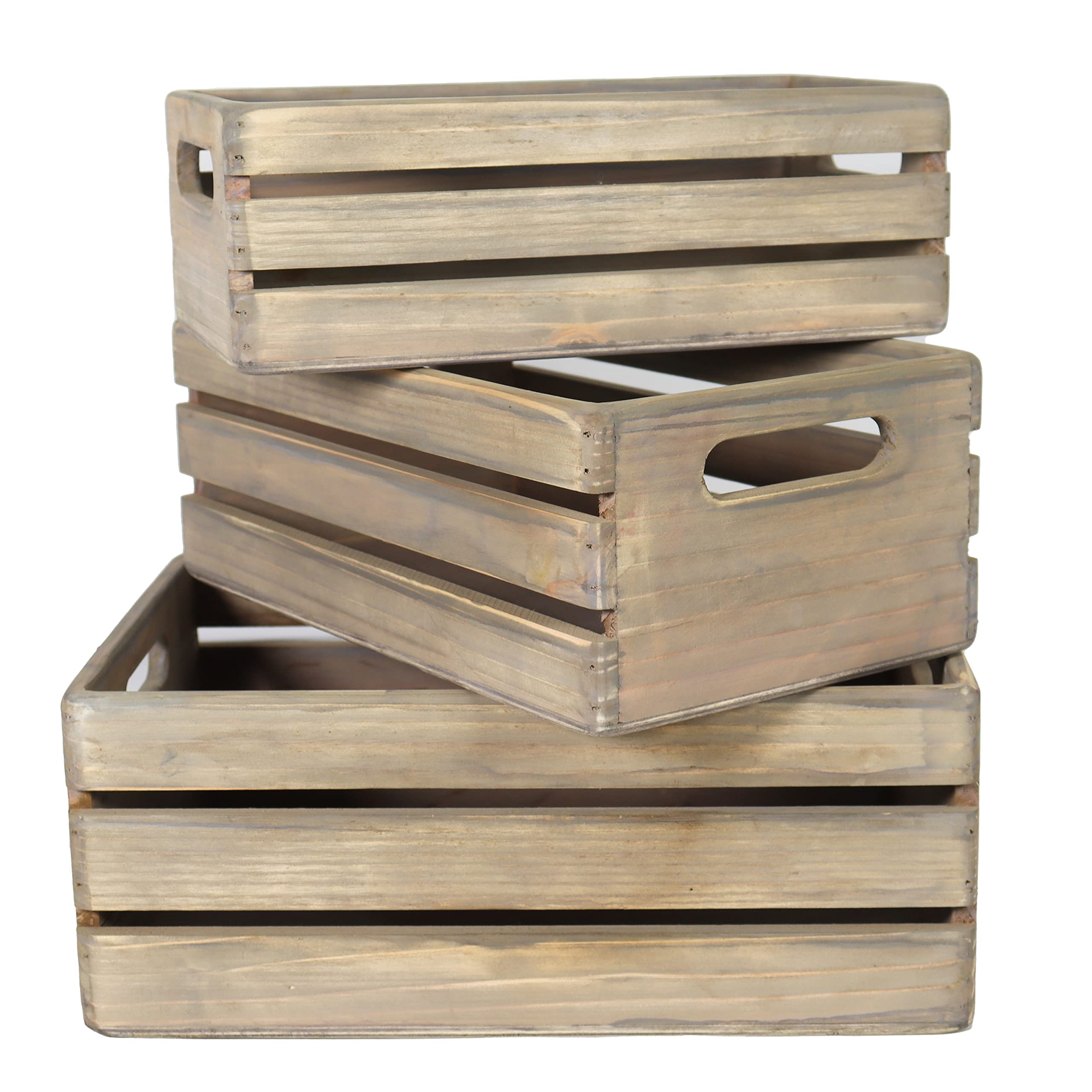 LEKUAIJIA Set of 3 Wooden Storage Crate,Wooden Crate with Cutout Handles,Rustic Nesting Box Basket Bins,Laundry Crates,Fruits & Vegetables Boxes