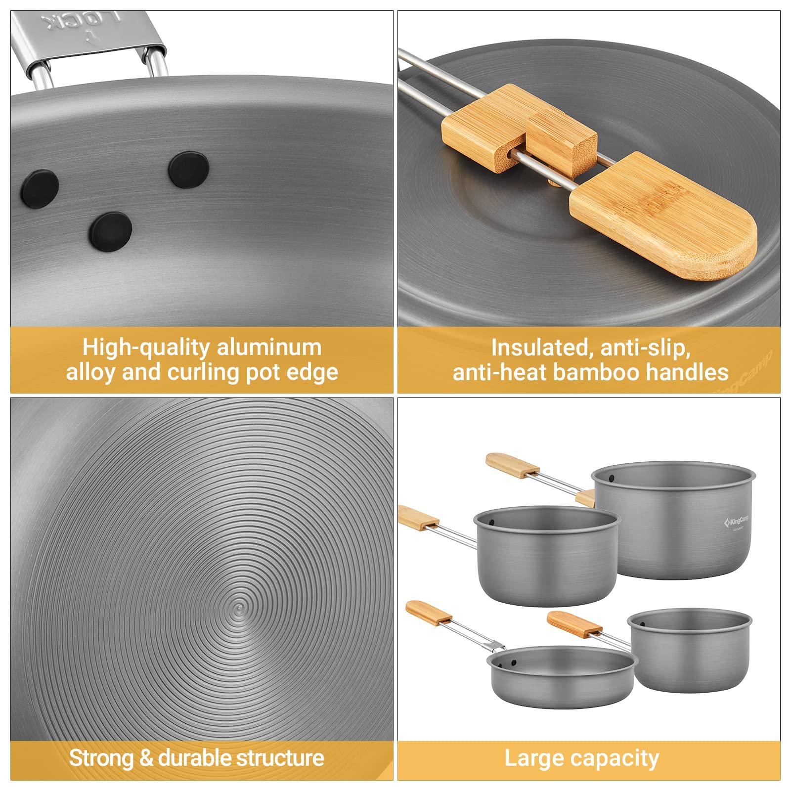 KingCamp 7pcs Camping Cookware Mess Kit Aluminum Folding Camping Pots and Pans Set with Bamboo Handle Lightweight Backpacking Cooking Set Outdoor Cook Gear for Family Hiking Picnic