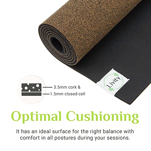 Livity Yoga - Mandala Cork Yoga Mat, Durable & Non-Slip Workout Mat, Cork Exercise Mat with Beautiful Mandala Design & Alignment Points, 74 x 24 x 0.2 inches