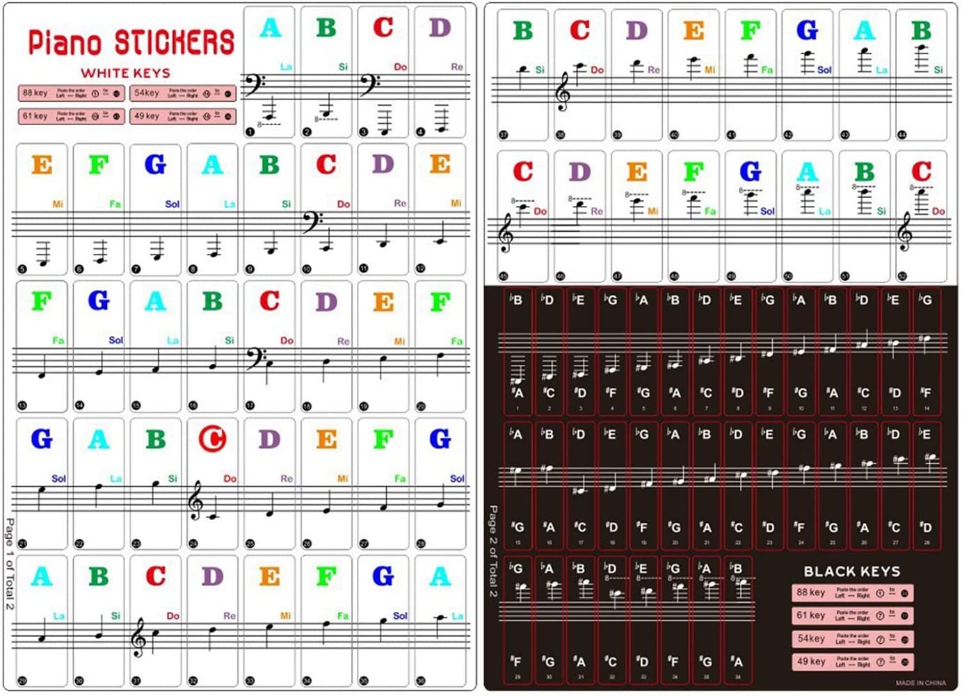 Piano Keyboard Stickers，Colorful & Black for 88 61 54 49 Key Full Set Removable and Transparent Large Bold Letter Keyboard Sticker Notes Label for Piano Beginners