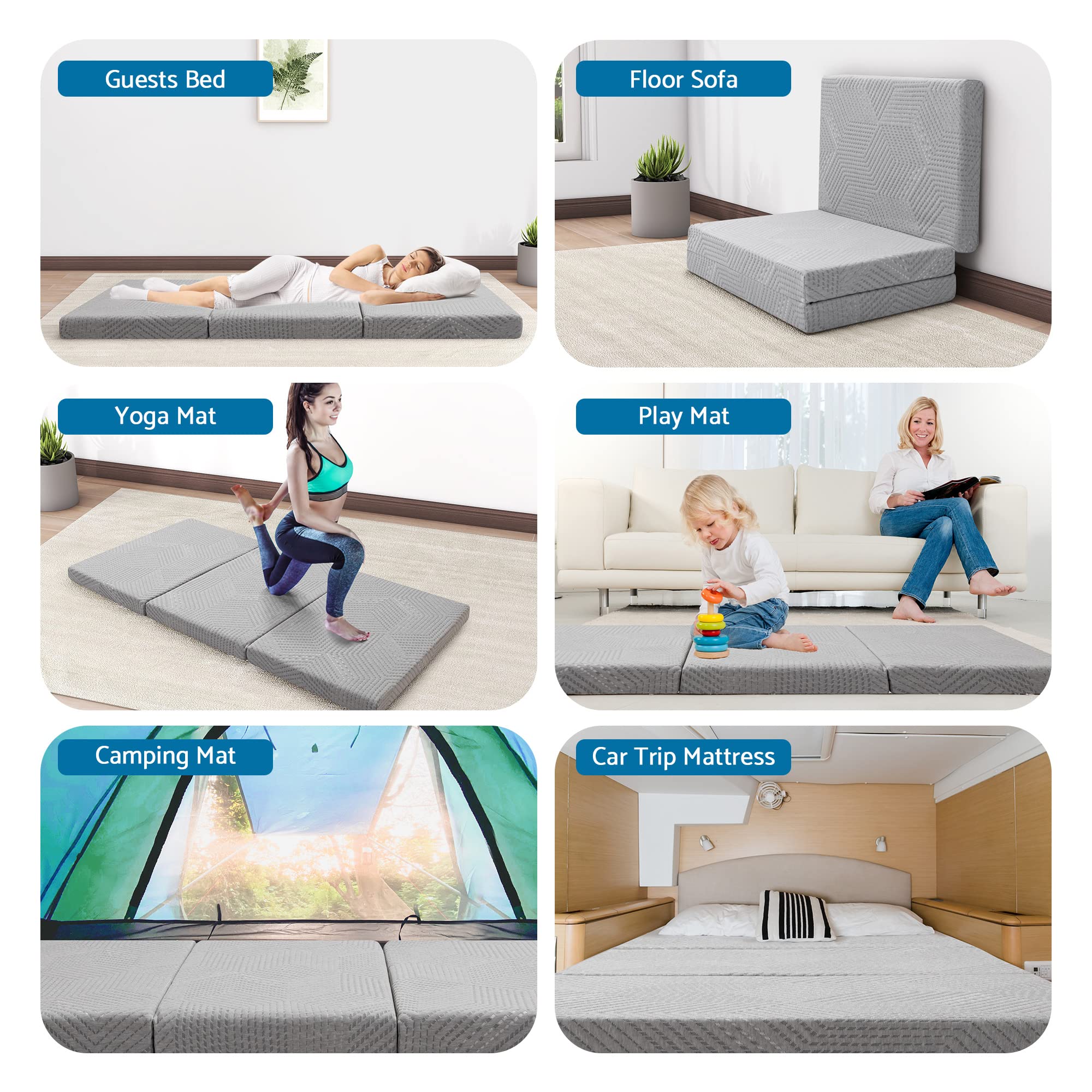 IULULU Folding Mattress, 4-Inch King Size Tri-Fold Memory Foam Mattress with Breathable & Washable Cover, Portable and Foldable Mattress for Floor, Guest Bed, Camping - CertiPUR-US Certified, Grey
