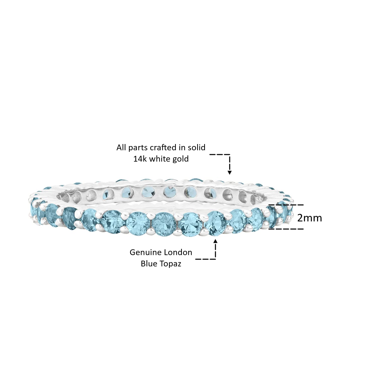 MAX + STONE 14k White Gold Eternity Band Ring for Women with 2mm Round London Blue Topaz December Birthstones Size 5.5