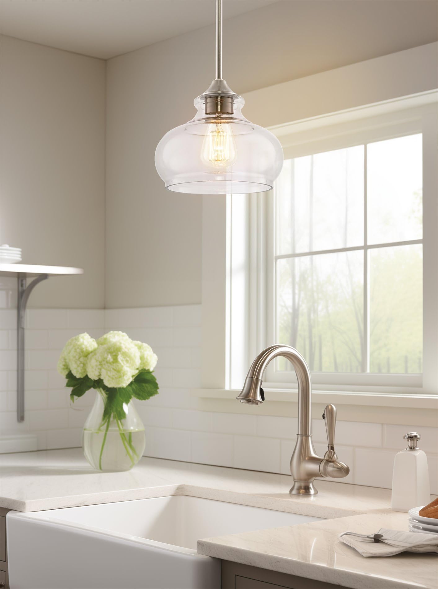 Kira Home Harlow 9" Modern Industrial Farmhouse/Schoolhouse/Rustic Pendant Light with Clear Glass Shade, Adjustable Hanging Height, Brushed Nickel Finish