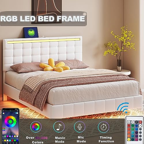 SIYSNKSI Modern Queen Upholstered Platform Bed with LED Lights, Floating Bed Frame with USB Charging and Headboard, Upholstered Platform Bed Frame for Kids Teens Adult Bedroom