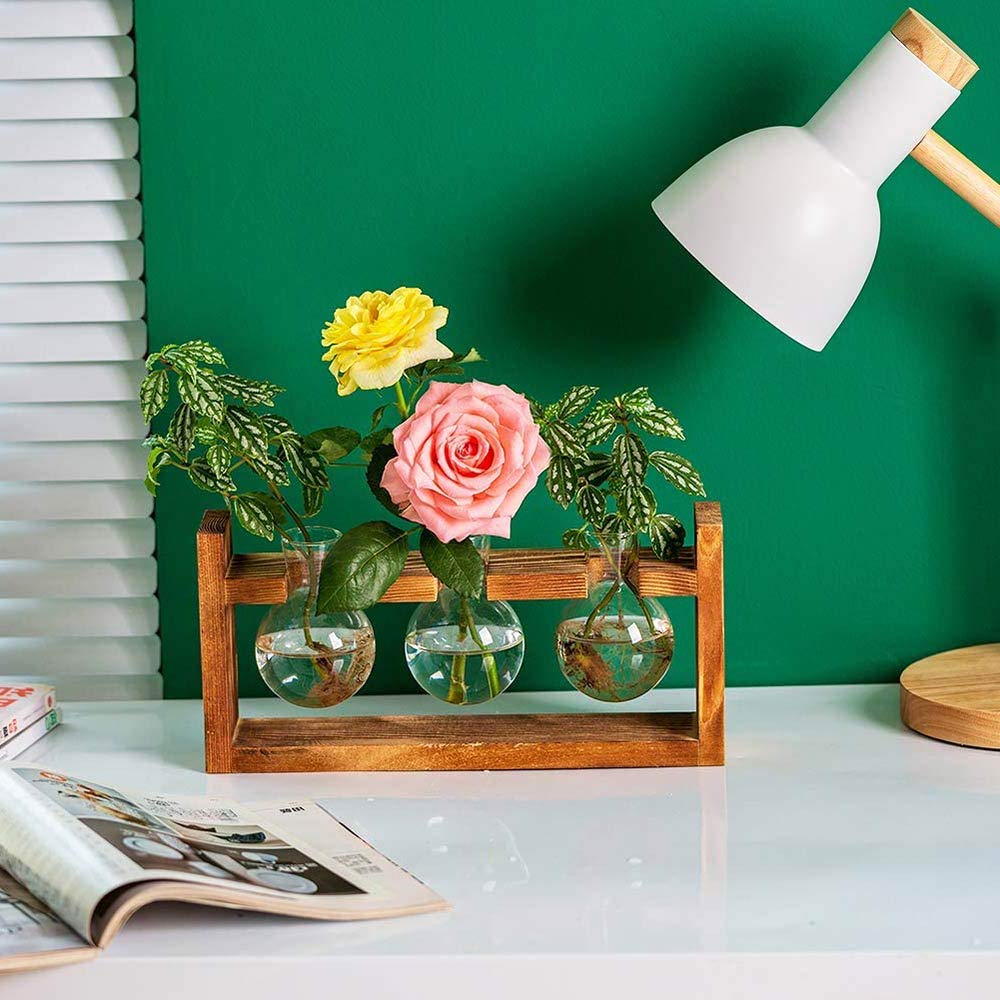 Kingbuy Plant Propagation Station Glass Terrarium Planter Flower Vase with Retro Solid Wooden Stand for Home Kitchen Indoor Garden Wedding Desktop Decor, 3 Bulb Vase