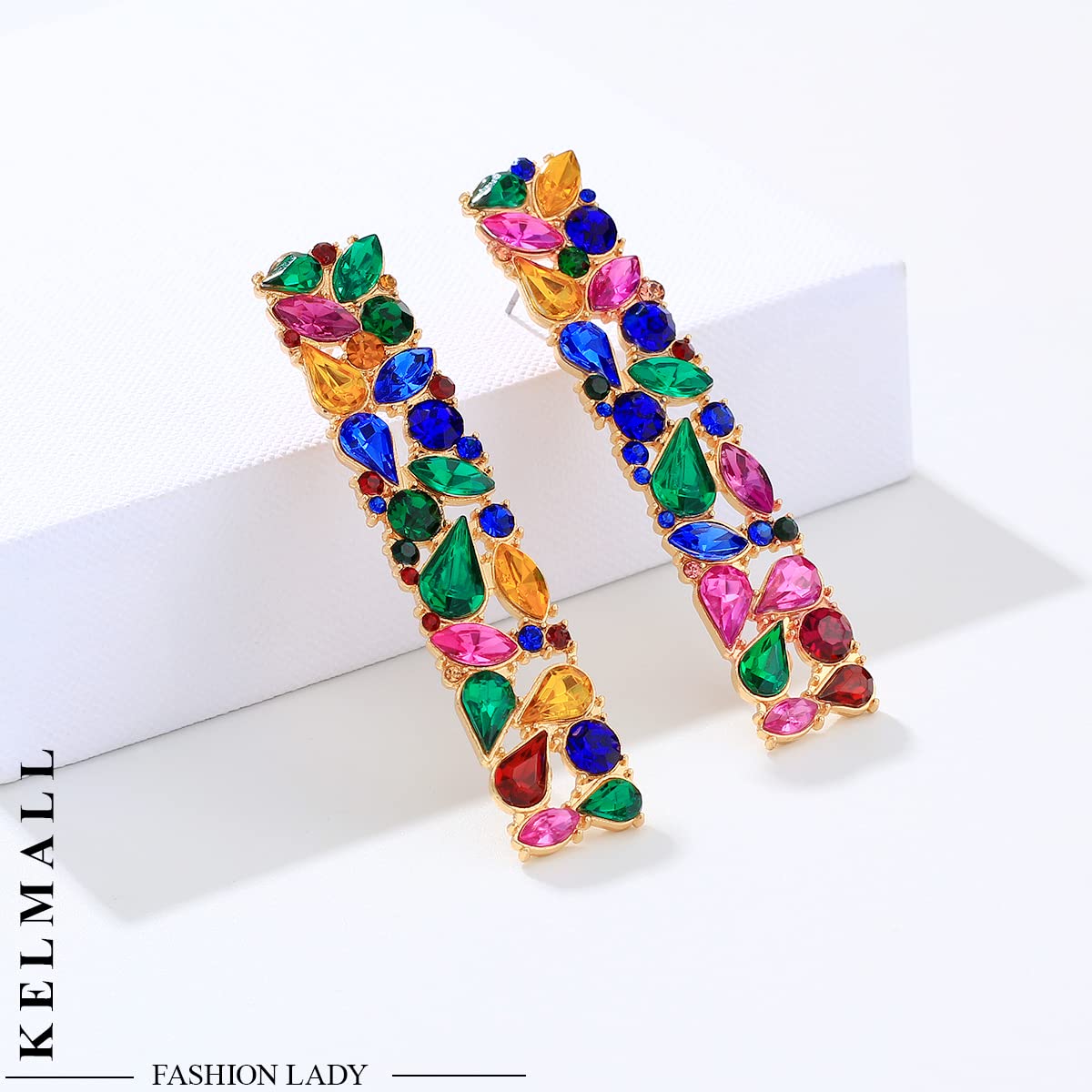 KELMALL Elegant Rhinestone Rectangle Earrings Trendy Crystal Geometric Drop Dangle Statement Earrings for Women