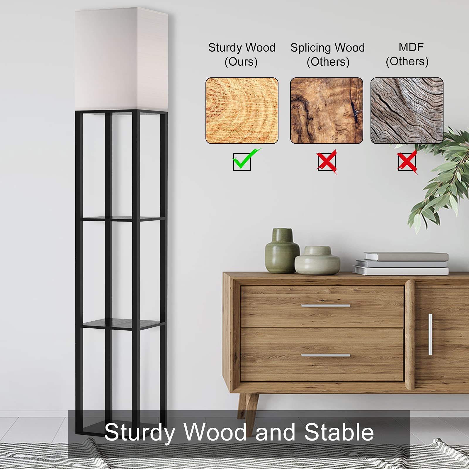 MOFFE Column Floor Lamp with Shelves, Modern Shelf Floor Lamp with 9W LED Bulb, 3 Tier Storage Display Standing Reading Lamp Narrow Corner Nightstand Light for Bedroom Living Room, Black