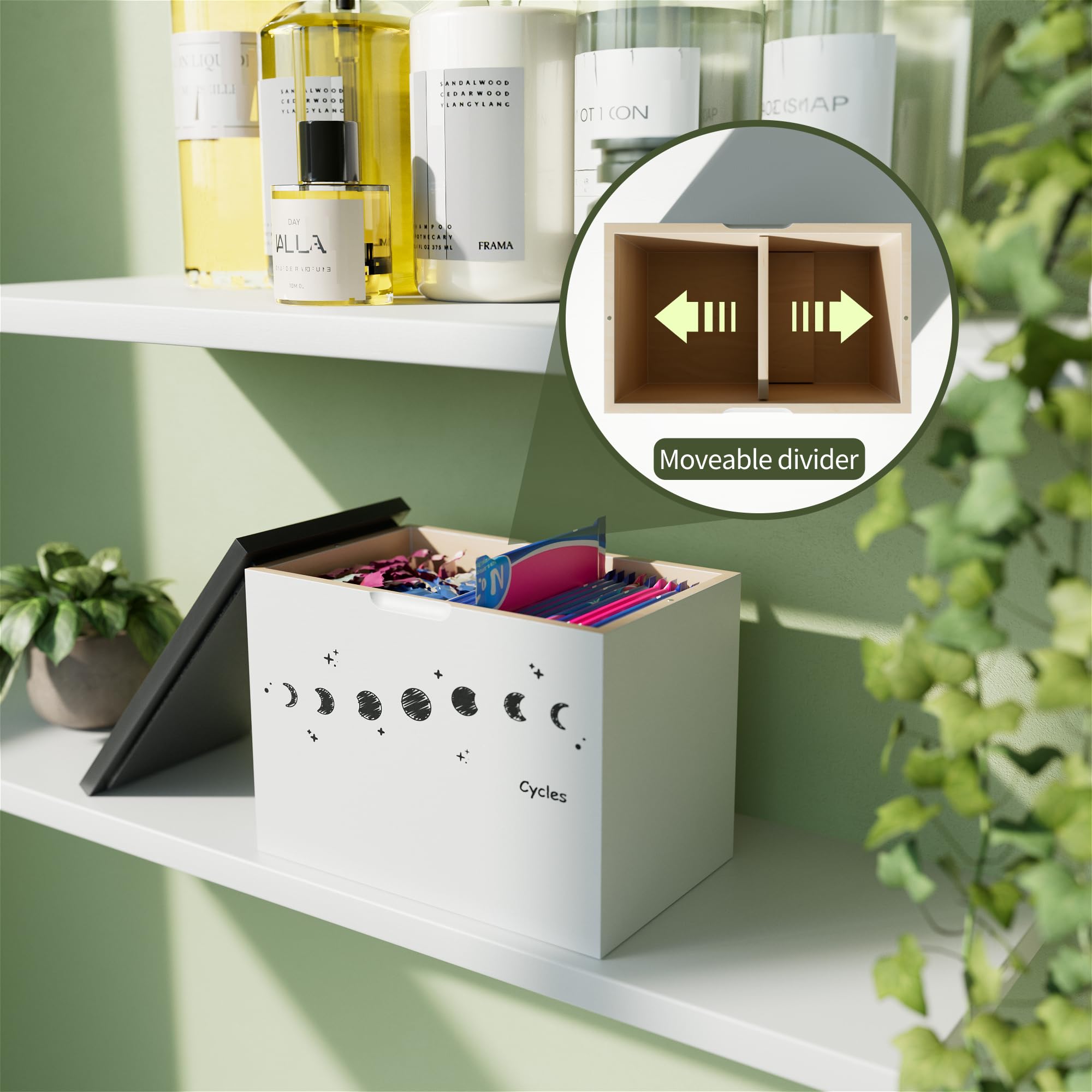 YIKIBOX Tampon Holder Storage for Bathroom with Tray Lid,Feminine Product Organizer,Wood Tampon Container Box,Essentials for Women,Thoughtful and Practical Gifts for Women(White)