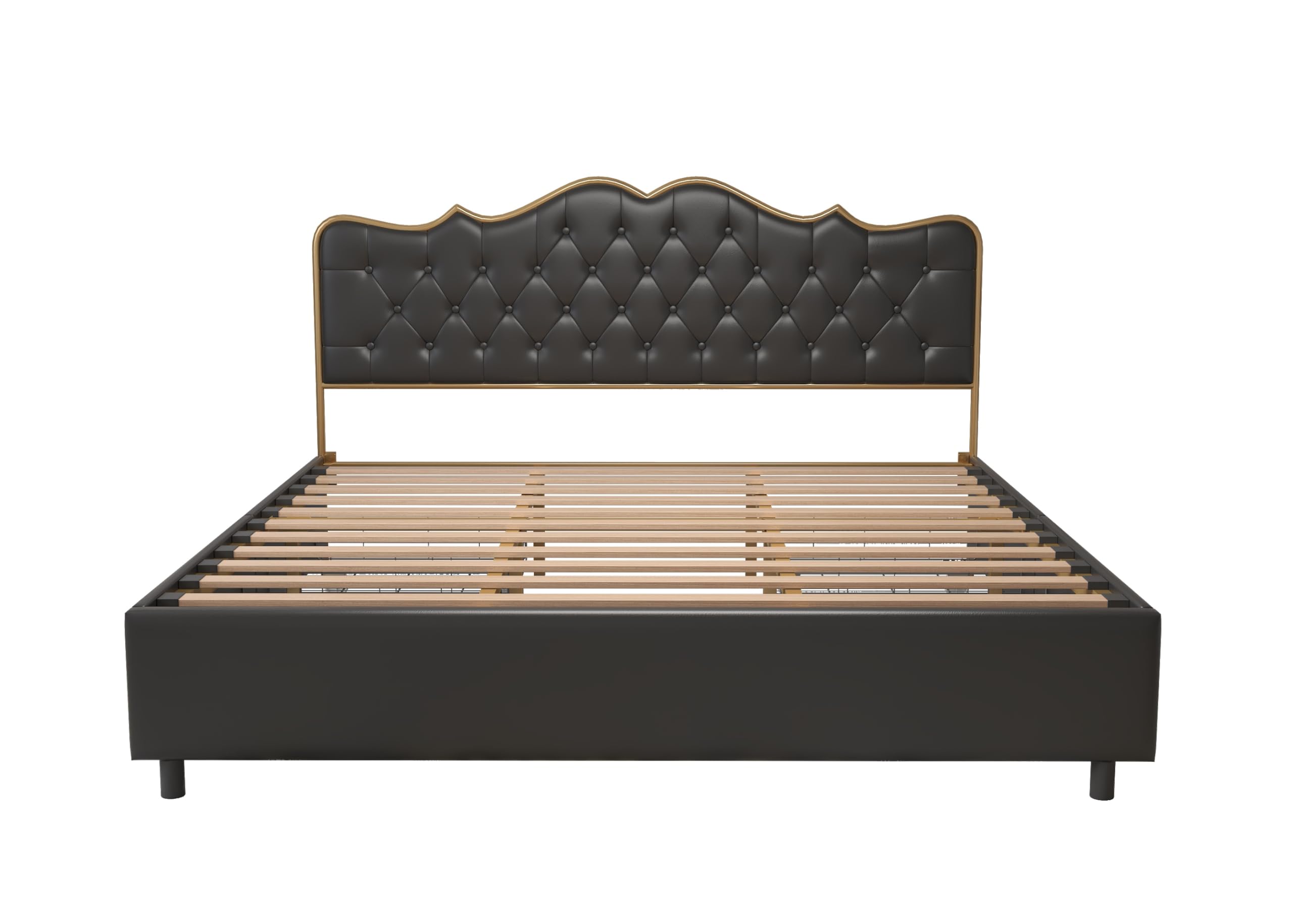 IULULU King Bed Frame, Upholstered Platform Bed Frame with with 4 Storage Drawers and Faux Leather Headboard, King Size Mattress Foundation with Wooden Slats Support, No Box Spring Needed, Black