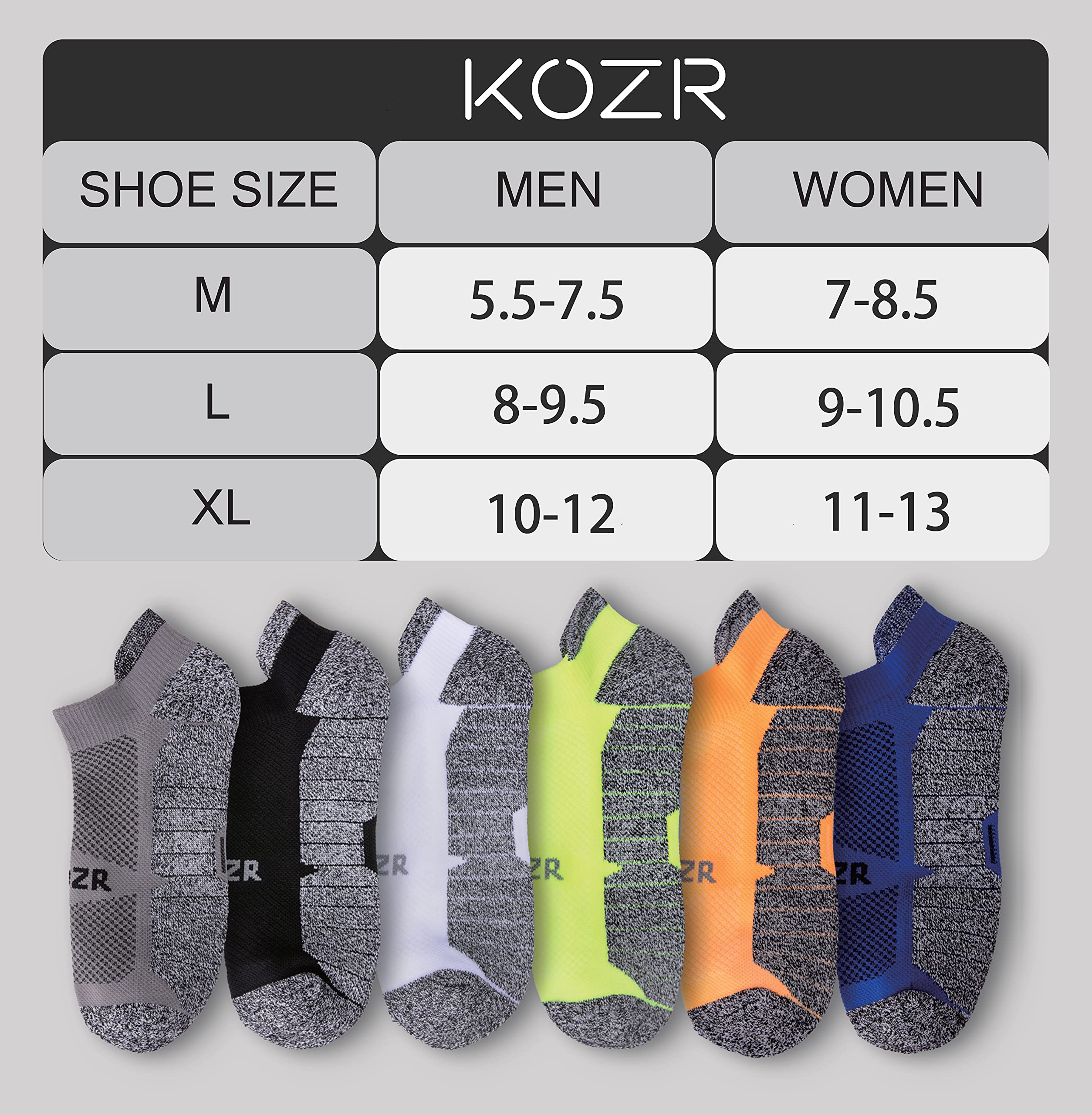 KOZR Ankle Athletic Running Socks 3/6 Pairs Pack, Low Cut Sports Tab Socks with Cushion for Men and Women