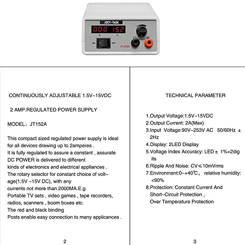 JOOY-TASK Adjustable DC Power Supply Variable Output &Lab Small Bench Power Supply (1.5~15V,2A) -(Input Voltage 90V~253V AC)