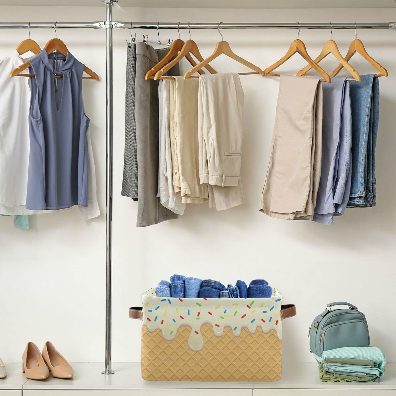 Kigai Ice Cream Texture Storage Bins for Shelves, Storage Basket with Double Handle, Foldable Storage Cubes with Metal Frame, Rectangular Closet Organizer Containers for Home Bedroom