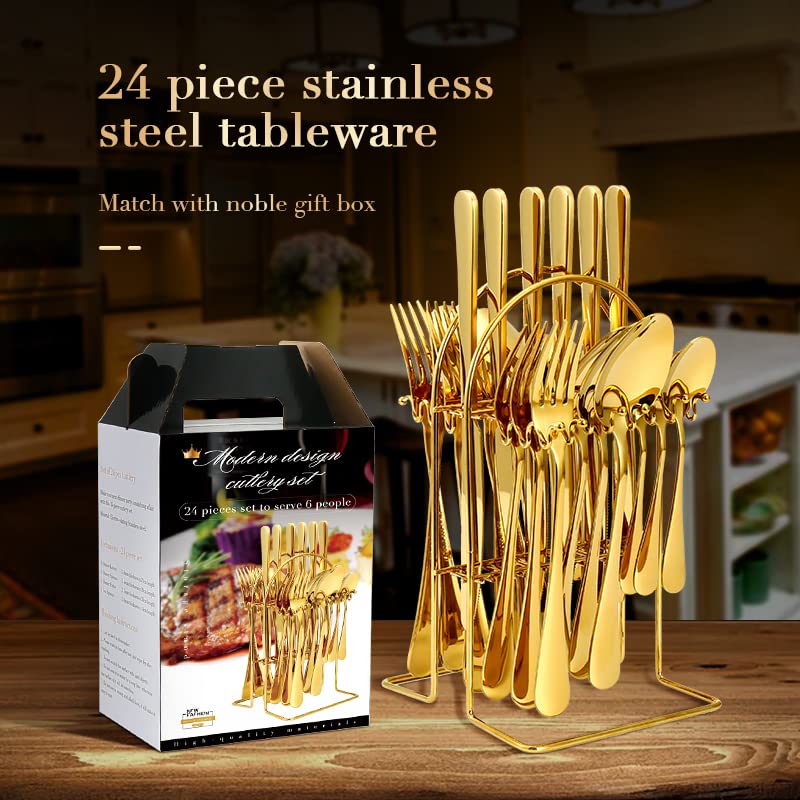 Tableware Silverware Set With Cutlery Rack, Stainless Steel Cutlery Cutlery Set 24 Piece Set for Home Kitchen Restaurant Hotel Dinner Service