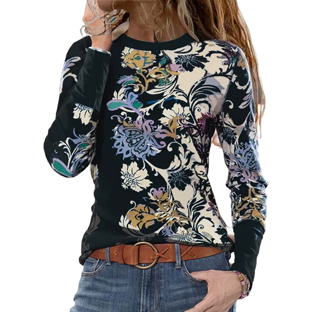 Mayntop Womens Tops Shirt Ethnic Boho Tribal Flower Floral Leaves Pattern Graphic Print Long Sleeve Plus Size Crew Neck Blouse(A Black,L)