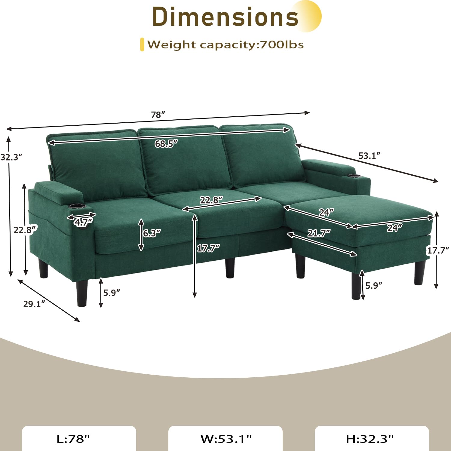 YiMiYom Blue Convertible Sectional Sofa, Small L Shaped Couch with Reversible Chaise, 3 Seat Linen Sectional Couch with Storage Ottoman, USB Port, Cup Holder and Storage Armrests, 78" W