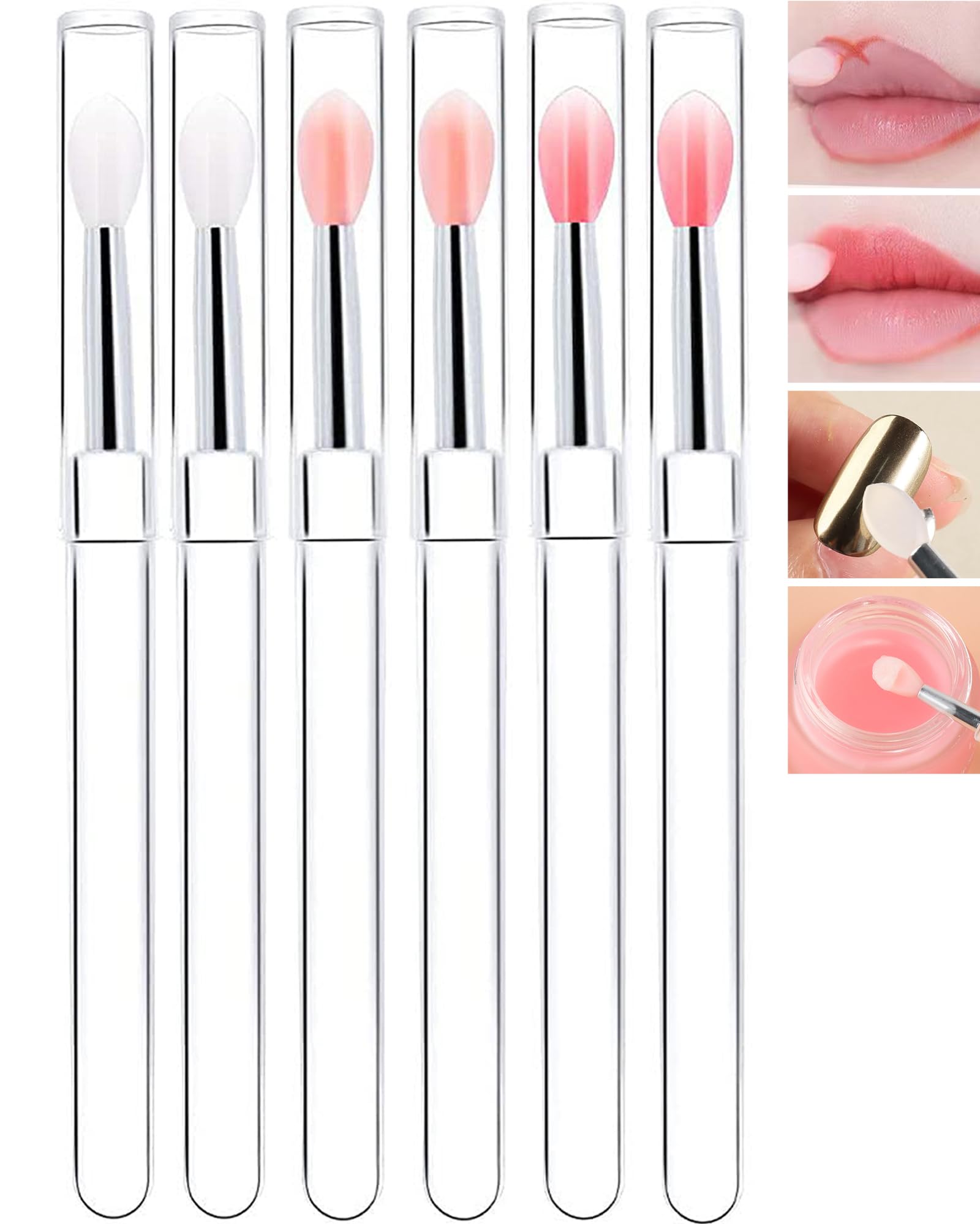 Silicone Lip Brush with Lid-6Pcs Lipstick Lip Mask Brushes,Chrome Nail Powder Applicator Brushes, Silicone Nail Art Brushes With Cover,Reusable Nail Glitter Powder Pen Brush,Lip Eyeshadow Makeup Stick