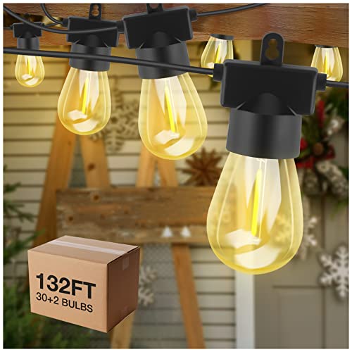 Outdoor String Lights,Patio String Lights IP65 Waterproof with 32 Vintage Shatterproof S14 LED Bulbs Commercial Grade Weatherproof Strand Heavy-Duty Decorative Cafe,Patio,Porch,Market 132FT