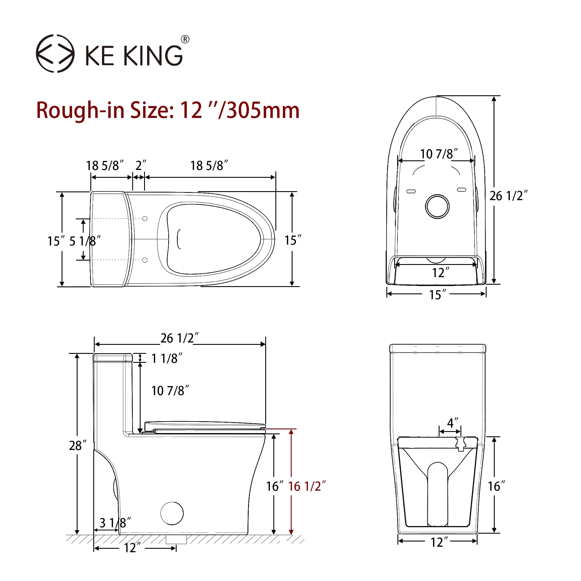 KE KING 1.28 Gpf Elongated One Piece Toilet, Powerful & Quiet Flush Modern Toilet(Side Flush) 12'' Rough-In Toilet & ADA Height