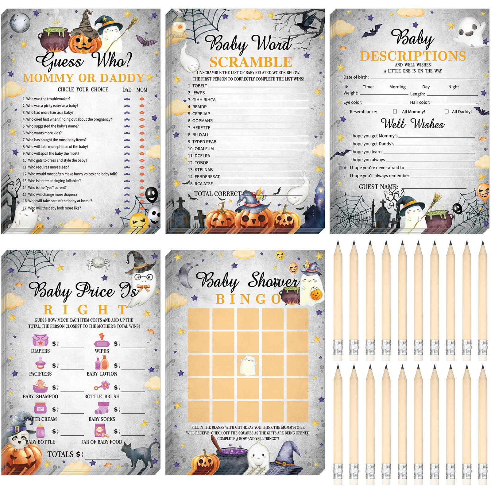 Yinder 145 Pieces Baby Shower Games for Boy or Girl Game Activities Cards with 20 Pencils Includes Baby Bingo Description and Wishes Guess Who Baby Price is Right, Word Scramble Game (Halloween)