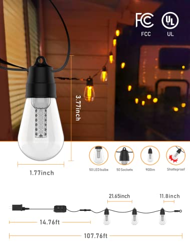 Outdoor String Lights with Dimmer - 100Ft Led Patio Lights App Control Commercial Grade Waterproof Outside Light with Timer 3 Modes 50 S14 Edison Vintage Shatterproof Bulbs for Bistro Garden Backyard