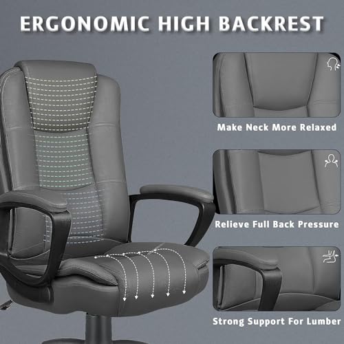 LEMBERI Office Desk Chair, Big and Tall Managerial Executive Chair, High Back Computer Chair, Ergonomic Adjustable Height PU Leather Chairs with Cushions Armrest for Long Time Sitting (Dark Grey)