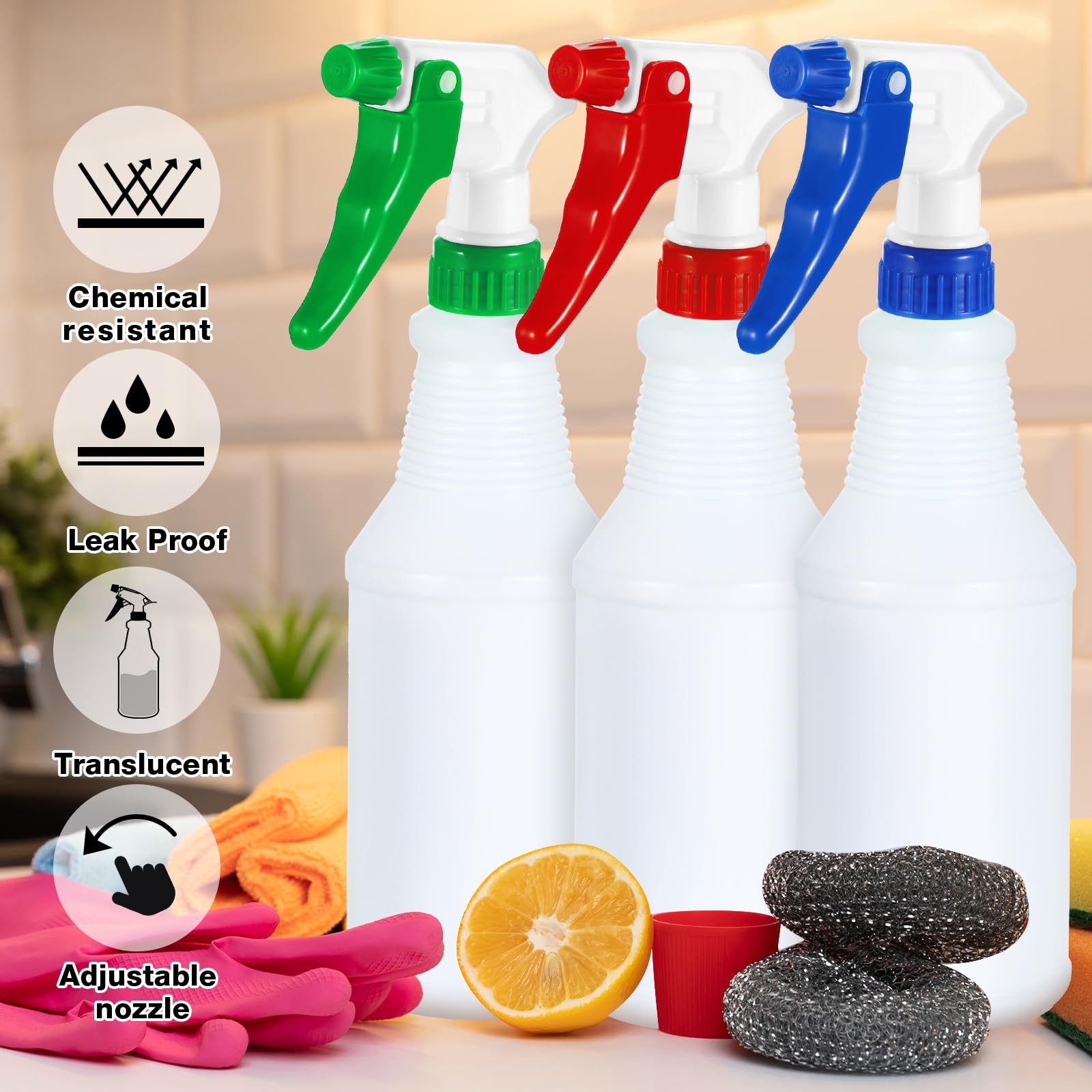 Yinder 18 Pcs 16 Oz Plastic Spray Bottle Bulk Empty Refillable Spray Bottles for Cleaning Solution Leak Proof Water Sprayer Bottle with Adjustable Nozzle Mist/Stream Mode (Red, Blue, Green)
