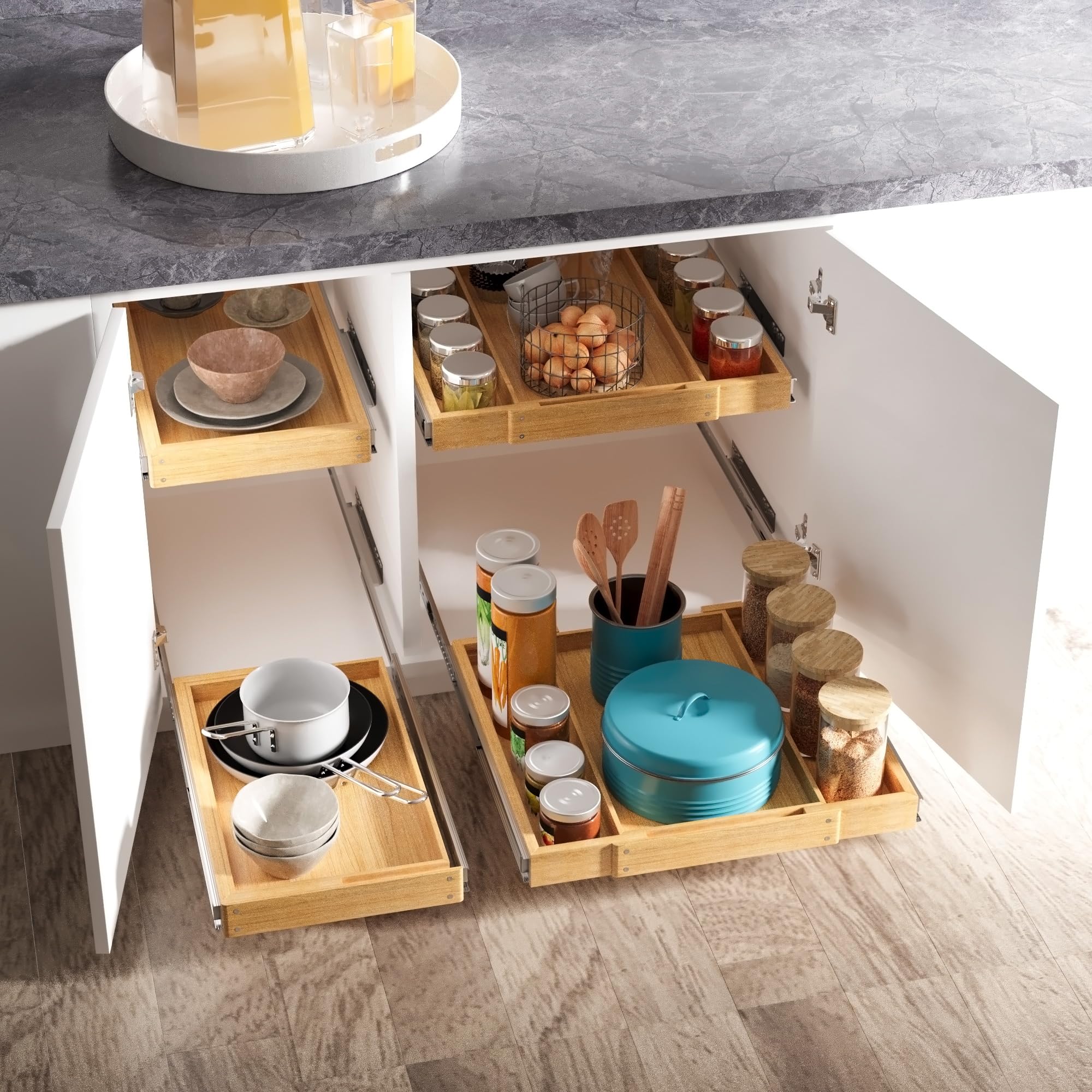 LOCVCDA Expandable Pull Out Cabinet Organizer, 16.3"~25.9"x22" Adjustable Width Wood Cabinet Pull Out Shelves Slide Out Wooden Drawer Storage Shelves for Kitchen(Style 2/1pack)
