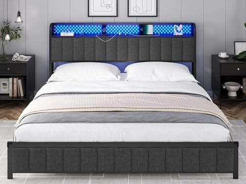 KAHXI LED King Size Bed, Modern Frame with LED Lights Headboard Upholstered Platform Bed,Dark Grey Bed Comfrot for Youth, Adult Bedroom, No Box Spring Needed, Noise-Free