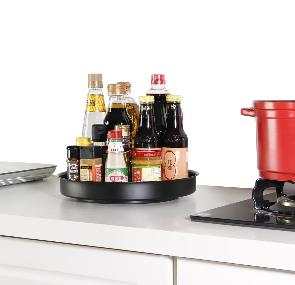 Kitchen Lazy Susan Turntable Organizer for Cabinet and Table Top Storage with Rotating Spice Organizer Countertop Pantry and Refrigerator & Drawer Organization Container (9" 12" inch) 2piece,Black.