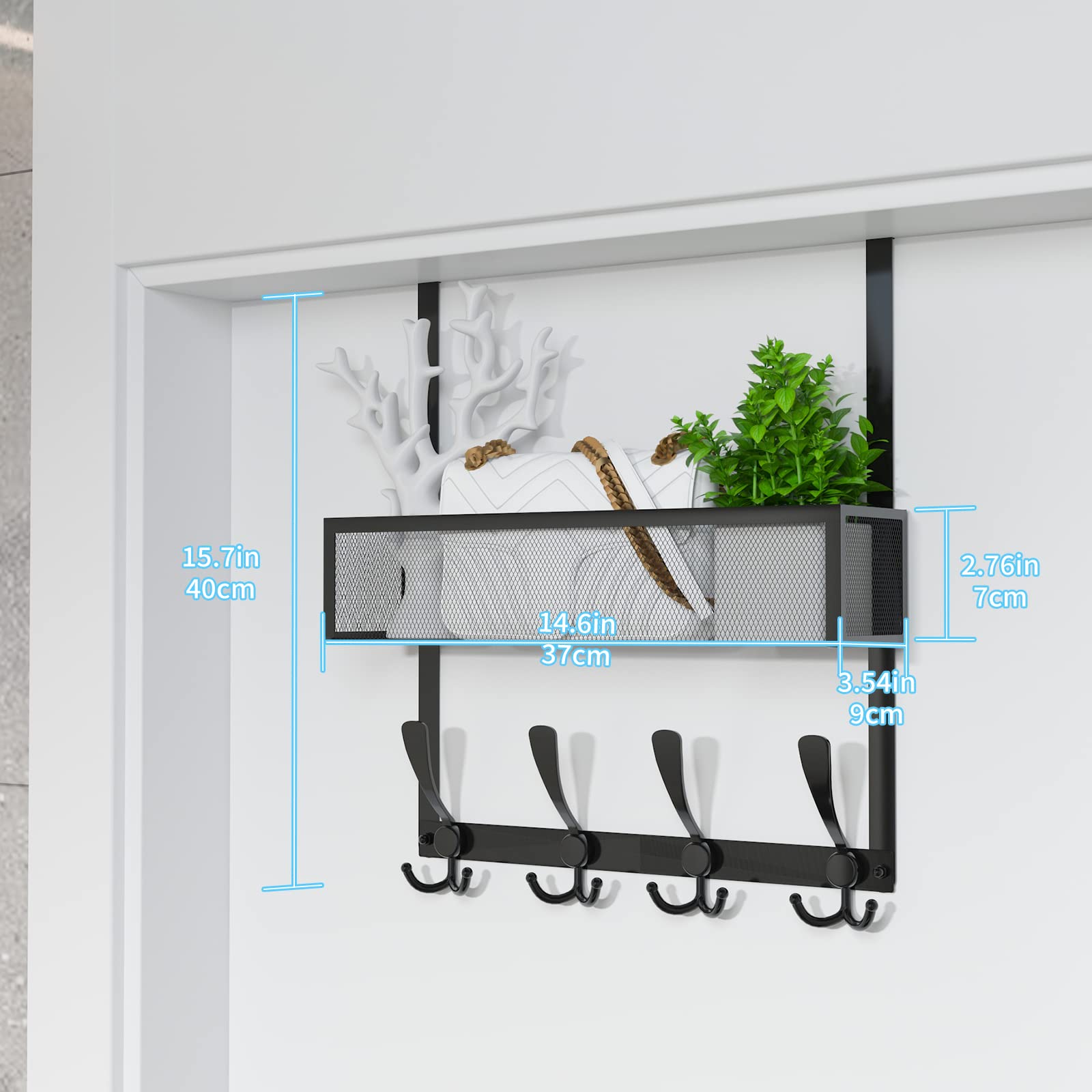 Kaiferty Over The Door Hooks Organizer,Over Door Hanger Towel Rack Mesh Basket with 12 Hooks,Back of Door Storage Organizer for Bedroom,Bathroom,Kitchen,Office(Black)