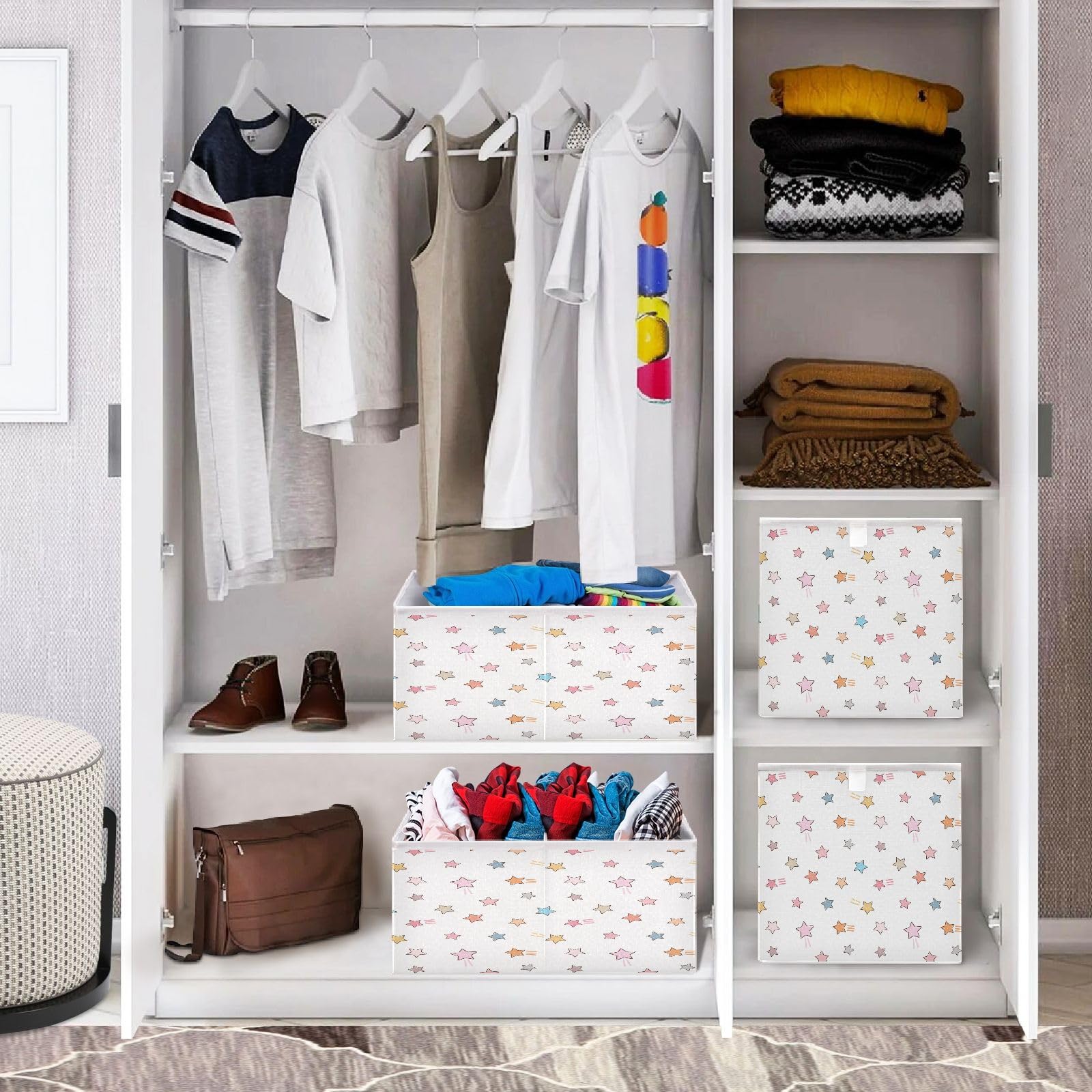 Kigai Pastel Star Cube Storage Bins - 11x11x11 in Large Foldable Cubes Organizer Storage Basket for Home Office, Nursery, Shelf, Closet