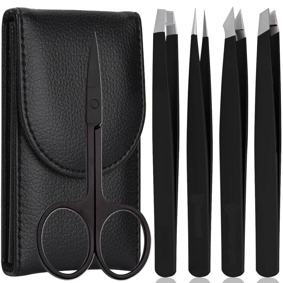 KINGMAS 5 Pcs Eyebrow Tweezers Set, Stainless Steel Brow Tweezer Scissors Set with Travel Case for Brow Facial/Ingrown Hair, Splinter (Black)