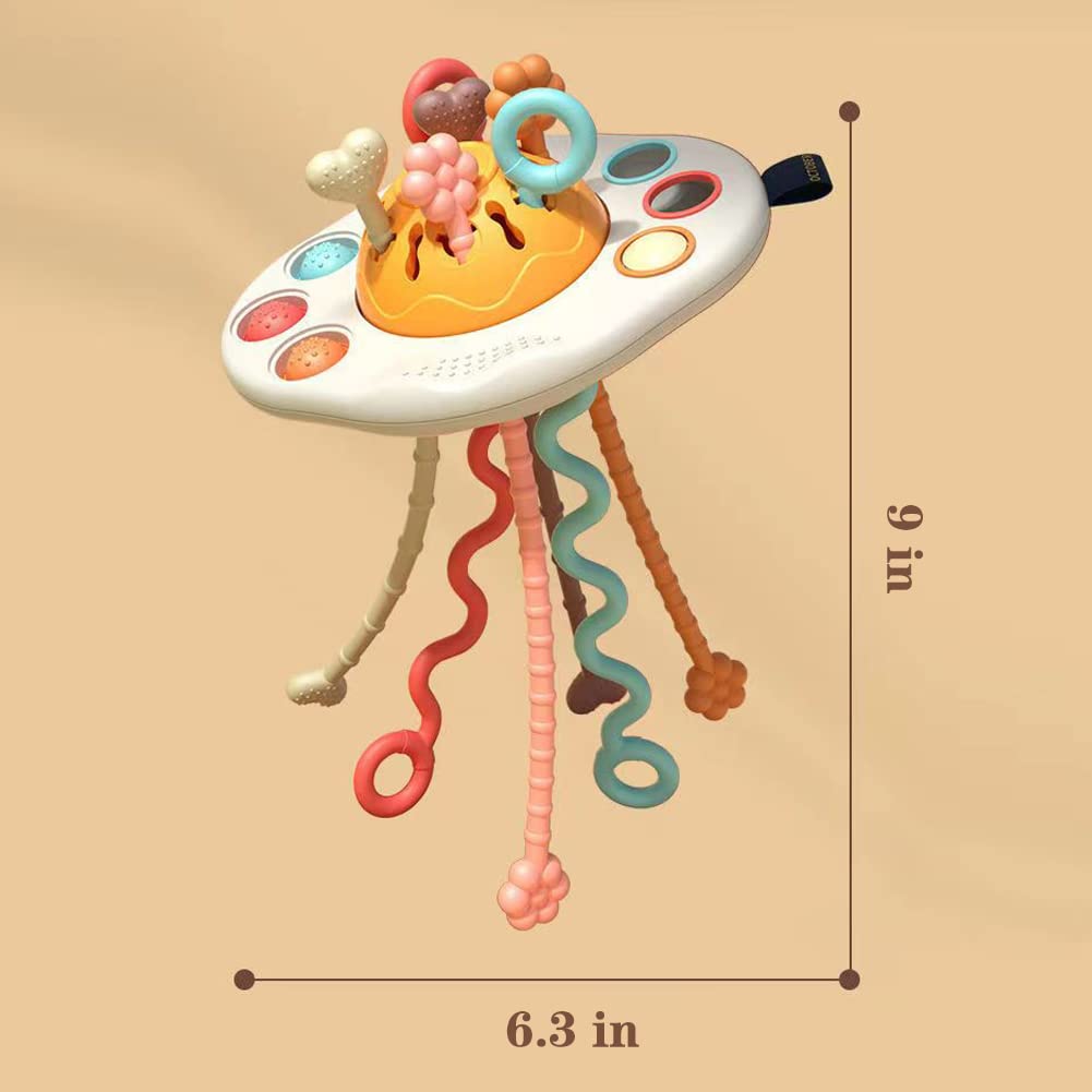 Silicone Pull String Interactive Toy,Toddlers Montessori Toys Interactive Learning Sensory Development,UFO Travel Toy for Baby 18+ Months, Food Grade Silicone Fine Motor Skills Toys