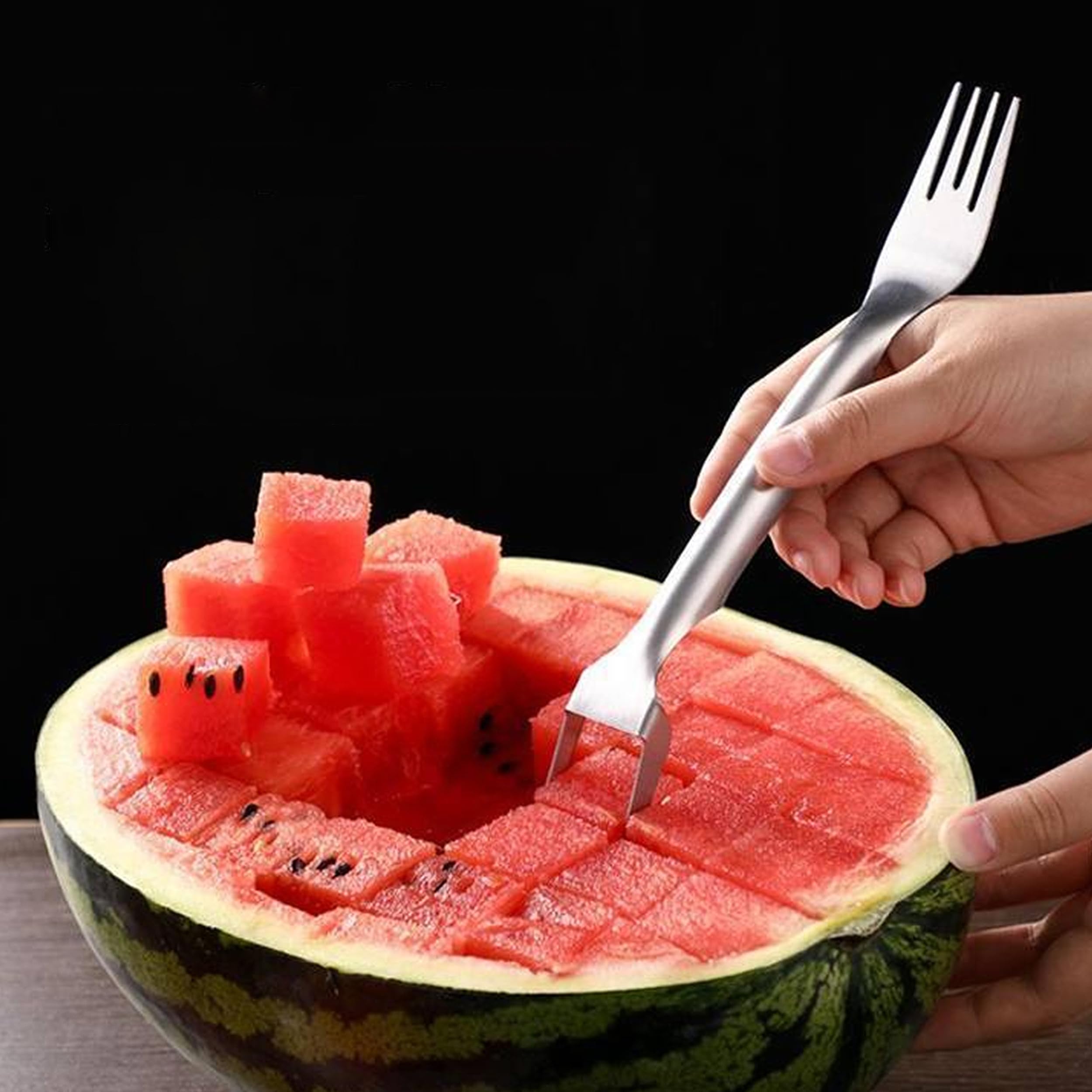 Teatrni Watermelon Cutter Slicer Tool 2-in-1 Stainless Steel Fruit Watermelon Cutter and Fork Melon Slicer Kitchen Gadget
