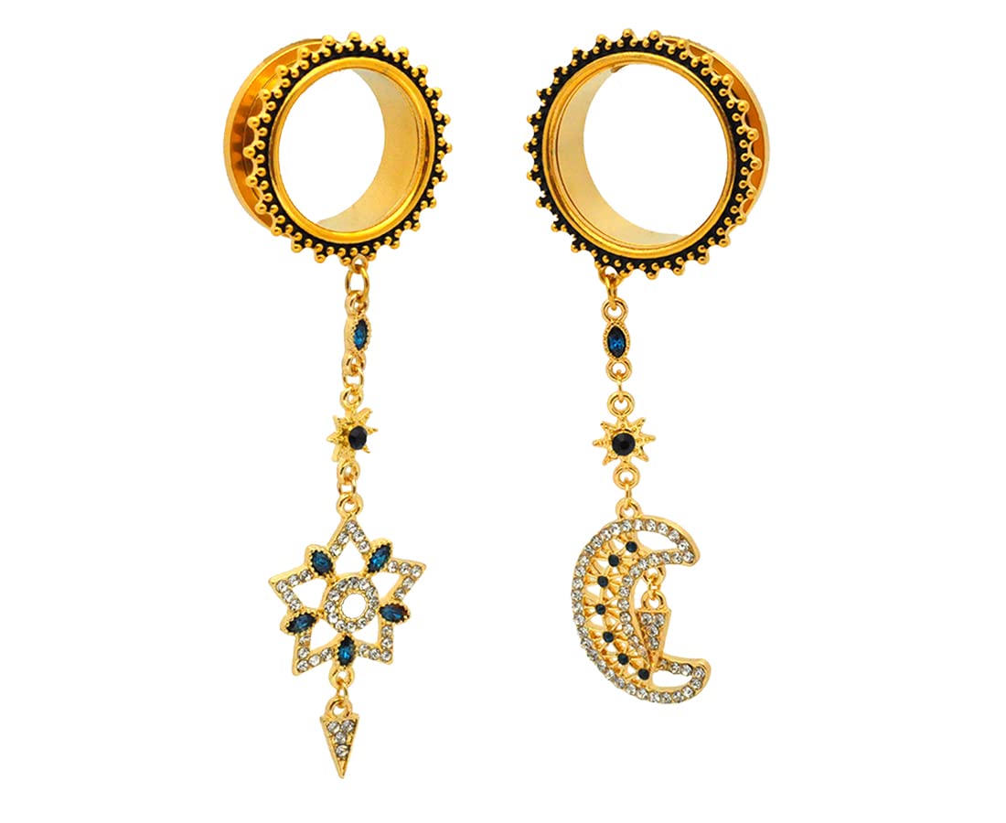 Mystic Metals Body Jewelry Pair of 316L Surgical Stainless Steel Dangle Tunnels with Gold Moon/Star (PS-272) (00g (10mm))