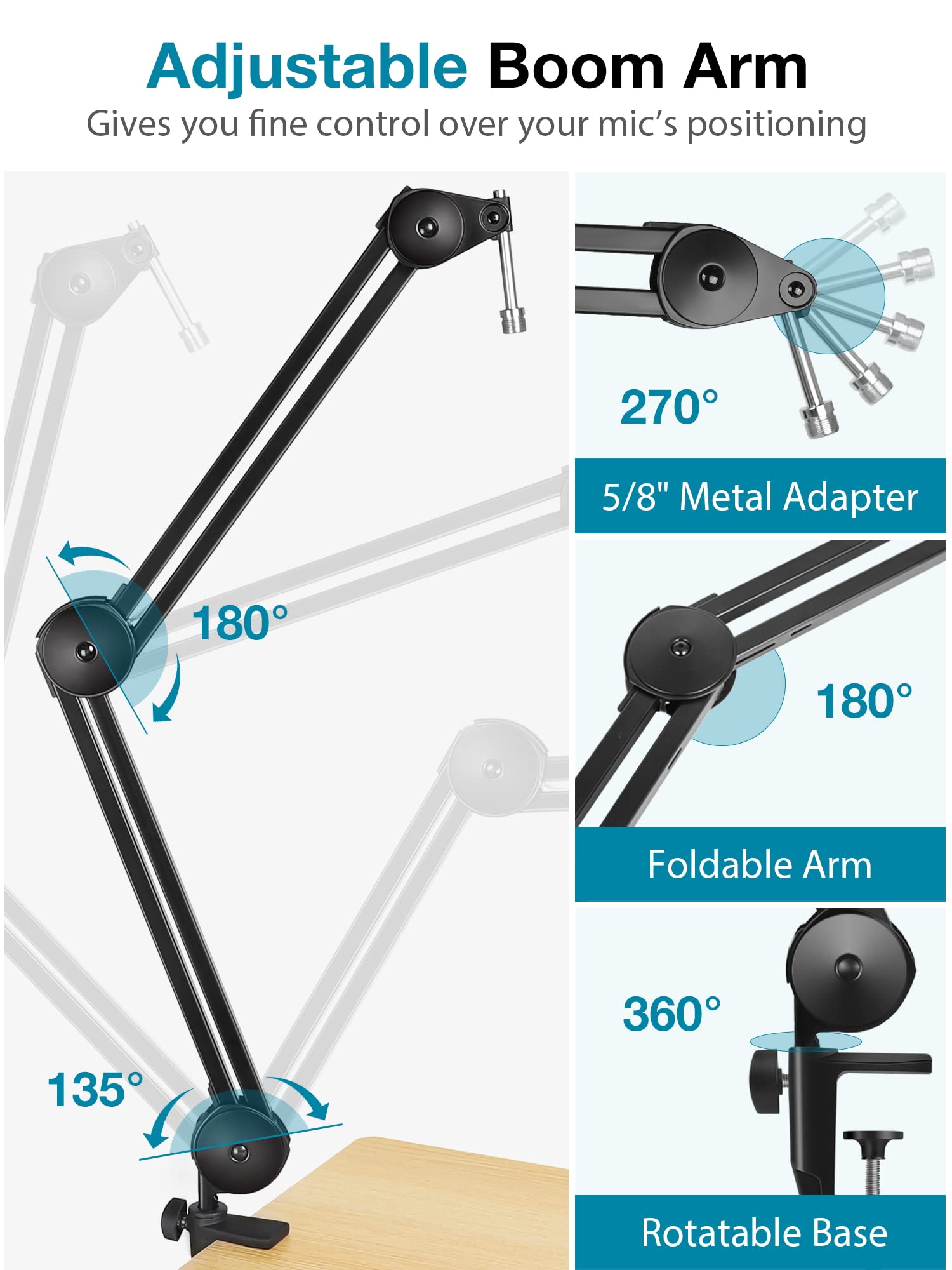 InnoGear Microphone Arm Stand, Heavy Duty Mic Arm Microphone Stand Suspension Scissor Boom Stands with Mic Clip and Cable Ties for Blue Yeti Snowball Hyper X QuadCast SoloCast Fifine Gaming (Medium)