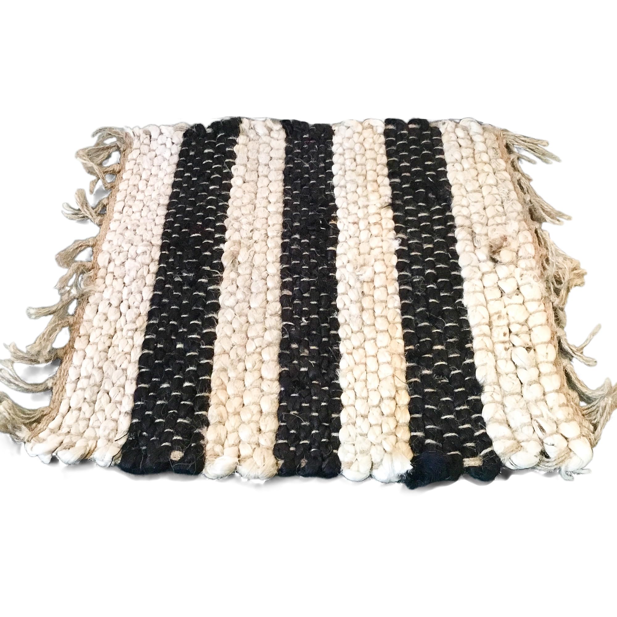 India Handicrafts 20216 Black and White Striped Square Fringe 14 inch Jute Table Top Dinner Placemat