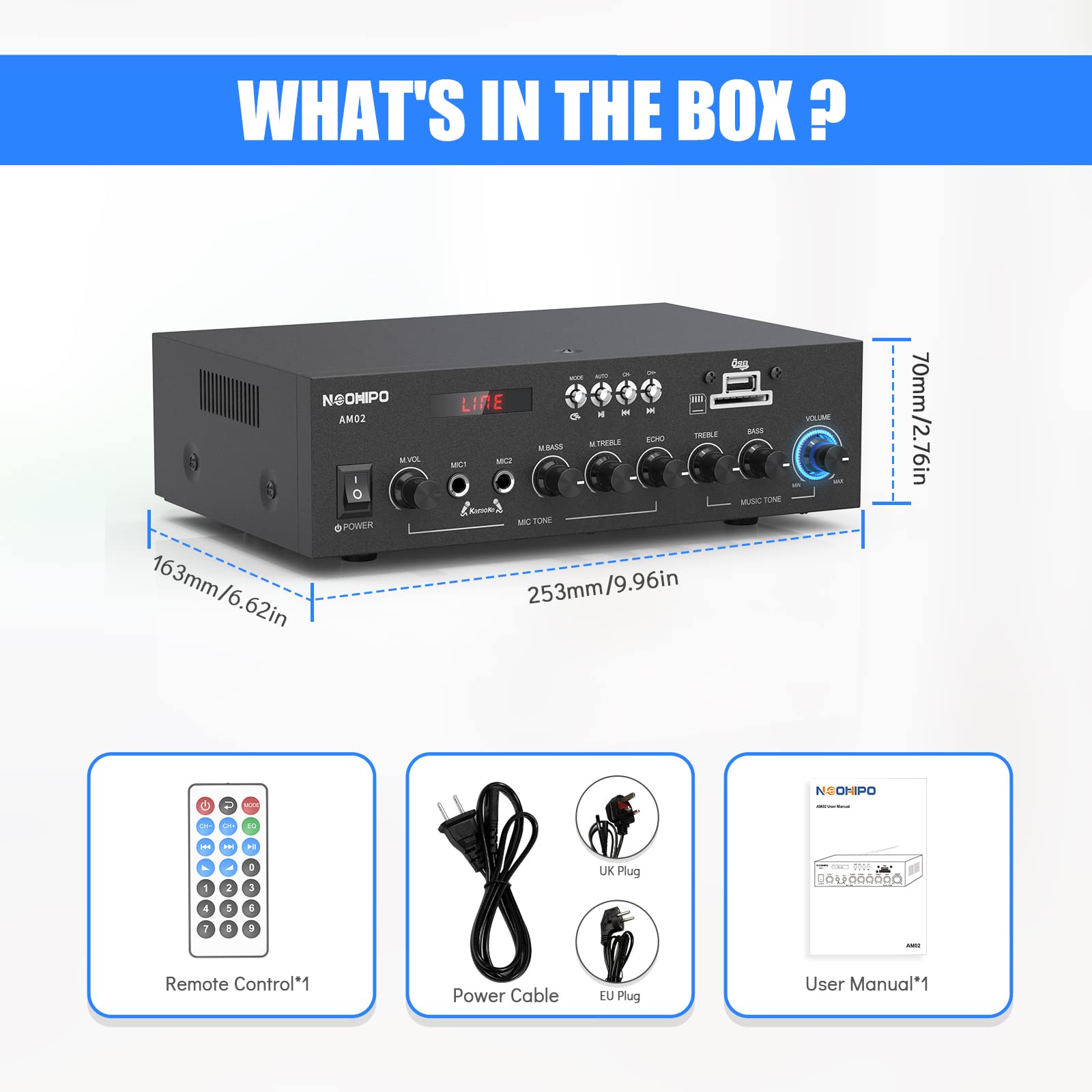 NEOHIPO AM02 300W Bluetooth 5.0 Class AB Stereo Power Amplifier 2.0CH Audio Receiver Amp for Home Theater Entertainment Studio Use with Wireless/RCA/USB/SD Card/Karaoke Input