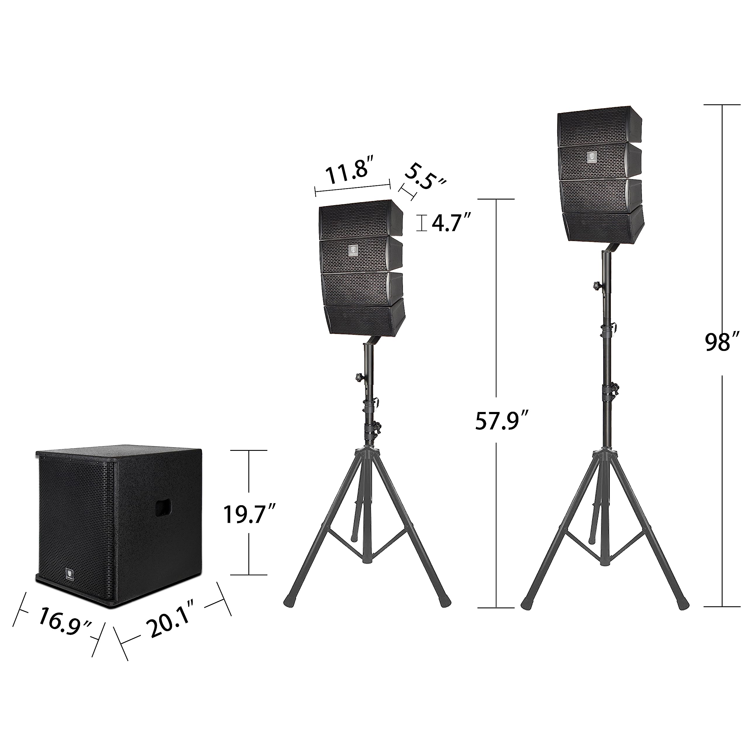 PRORECK Club 3500 15 inch subwoofer 3000W DJ Powered PA Speaker System Combo Set with 8 Array Speakers,Bluetooth, USB, SD Card, Remote Control, for Meeting, Speeches, Churches, Performances, DJ Gig